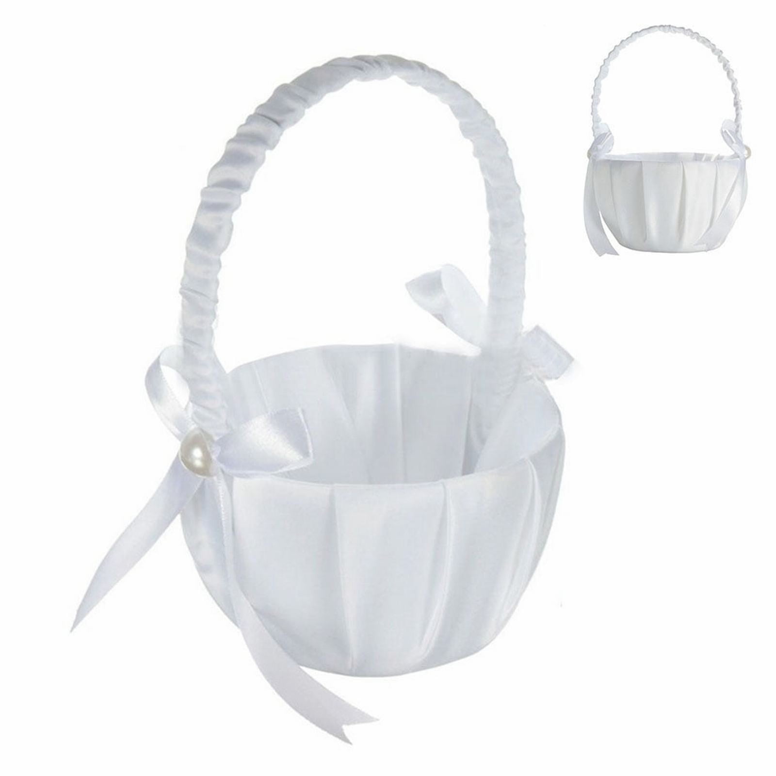 White Flower Girl Basket with Satin Bowknot & Pearl Design 8 x 5.2 x 6 ...