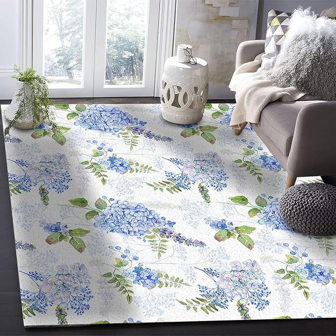 White Flower Leaves Area Rugs, Blue Hydrangea Floral Soft Washable ...