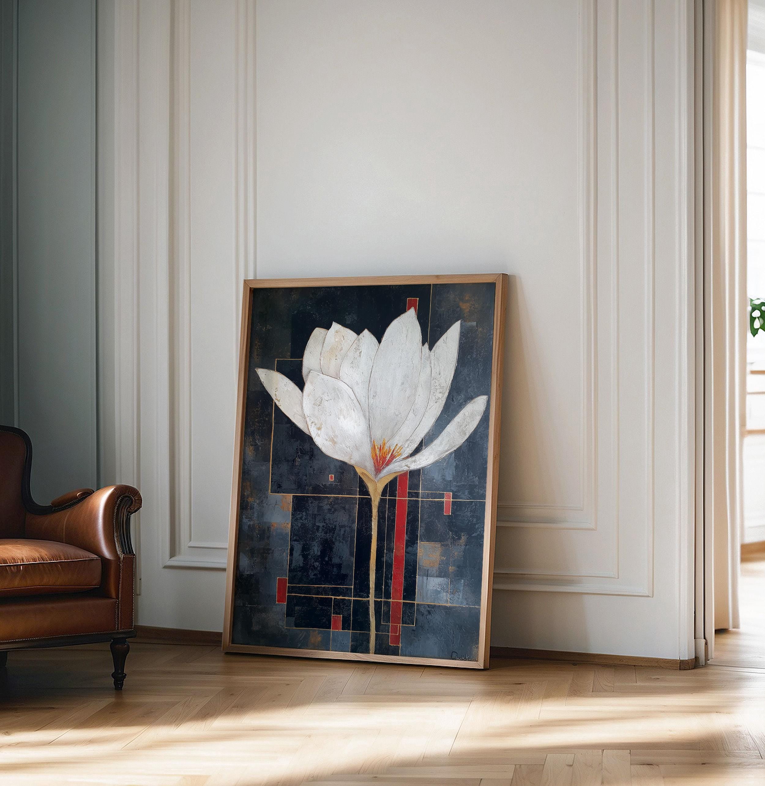 White Flower Painting Modern Black Botanical Wall Print Spring Flower ...