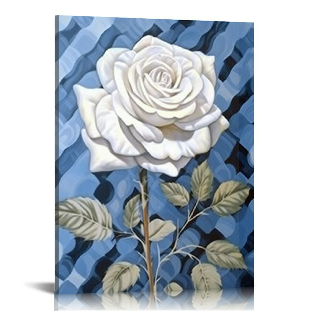 White Flower Picture Canvas Wall Art Blue Abstract Theme for Living ...