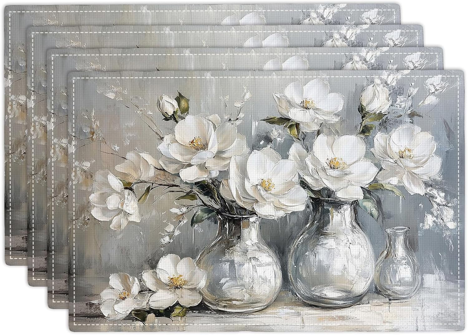White Flower Placemats Set of 4, Grey Flower Vase Place Mats Floral ...