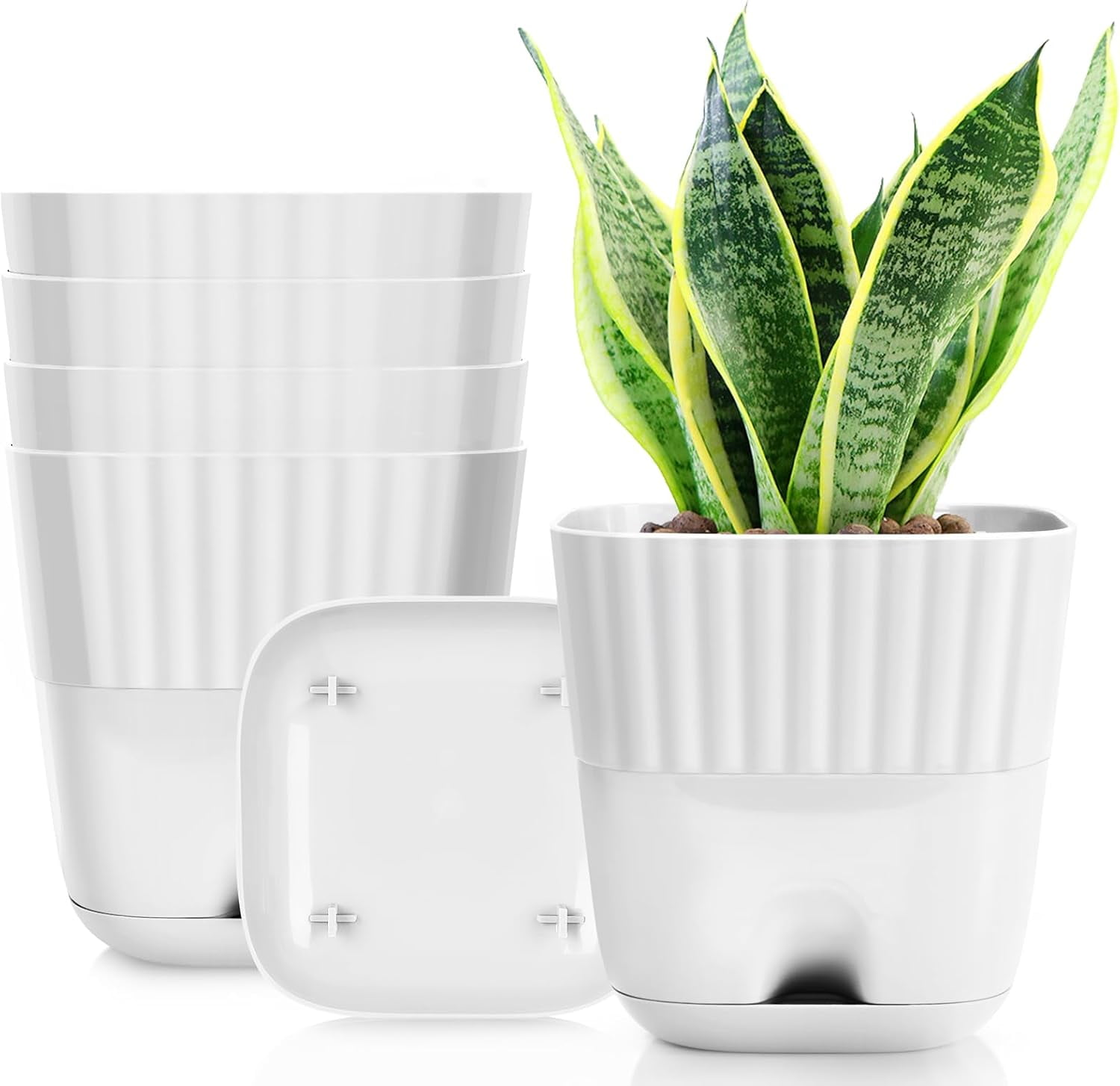 White Flower Pots 6 inch, 5 Pack Square Plant Pots with Drainage Holes ...