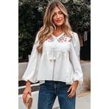 White Flower Print Lace-up V Neck Babydoll Blouse - Walmart.com