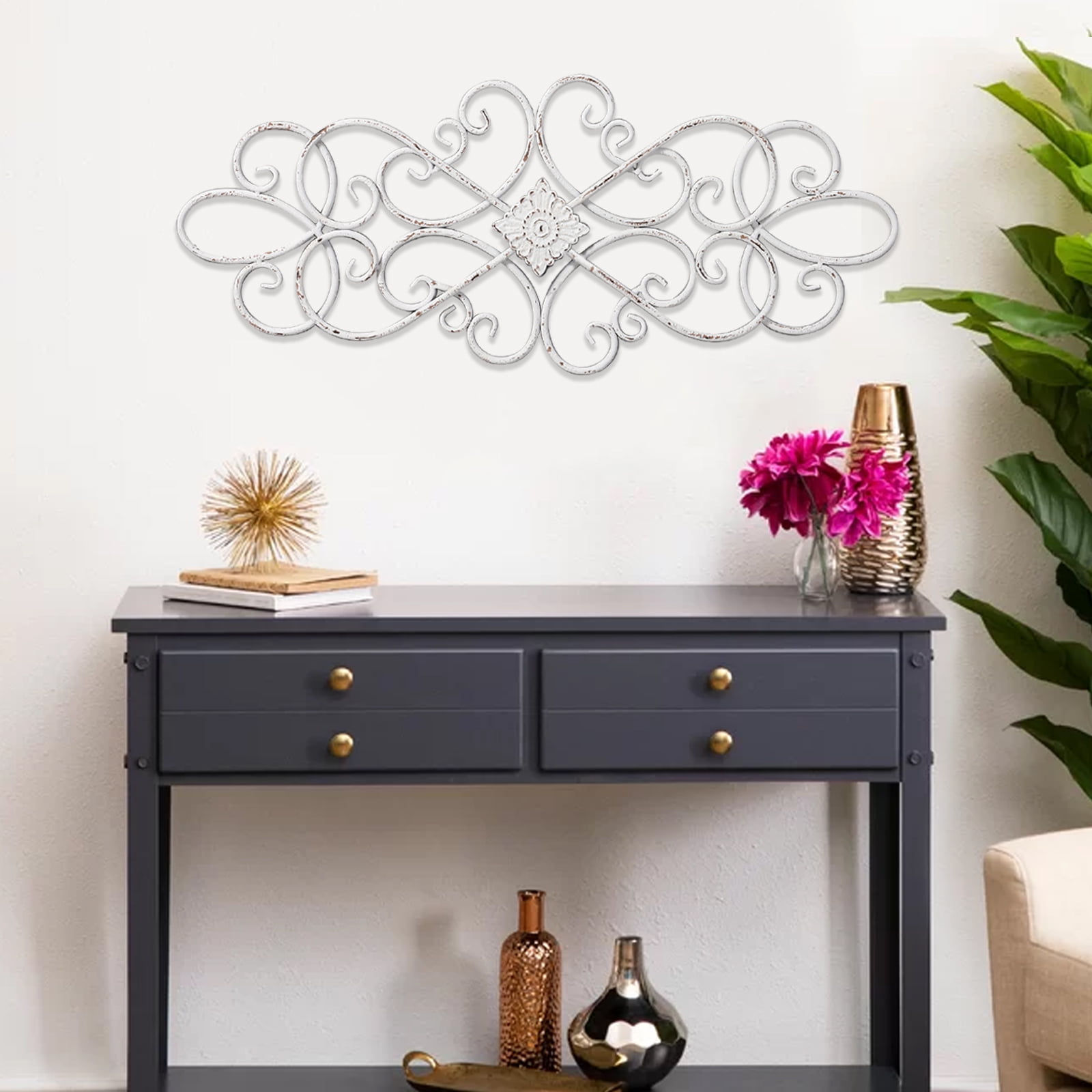 White Flower Scroll Metal Wall Art Decor 32" x 13", Hanging Vintage ...