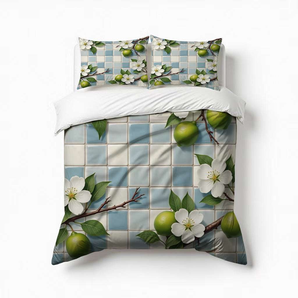 White Flowers And Green Fruits On Tiles Bedding Set 3 Pcs Soft ...