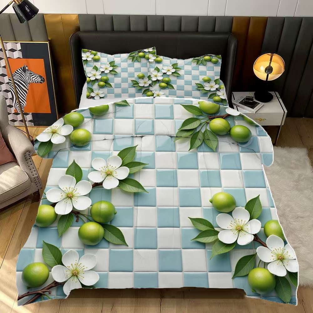 White Flowers And Green Fruits Pattern Comforter Set Full Size Bedding ...