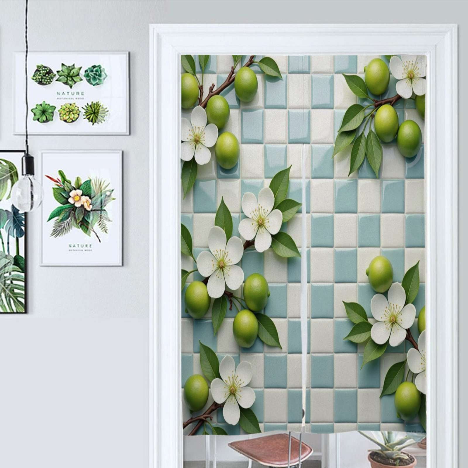 White Flowers And Green Fruits Pattern Door Curtain Nordic Living Room ...