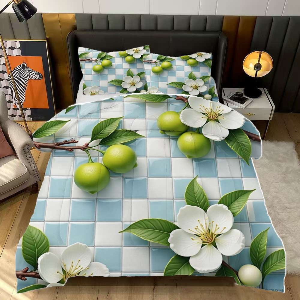 White Flowers And Green Fruits Tile Pattern Comforter Set Full Size ...