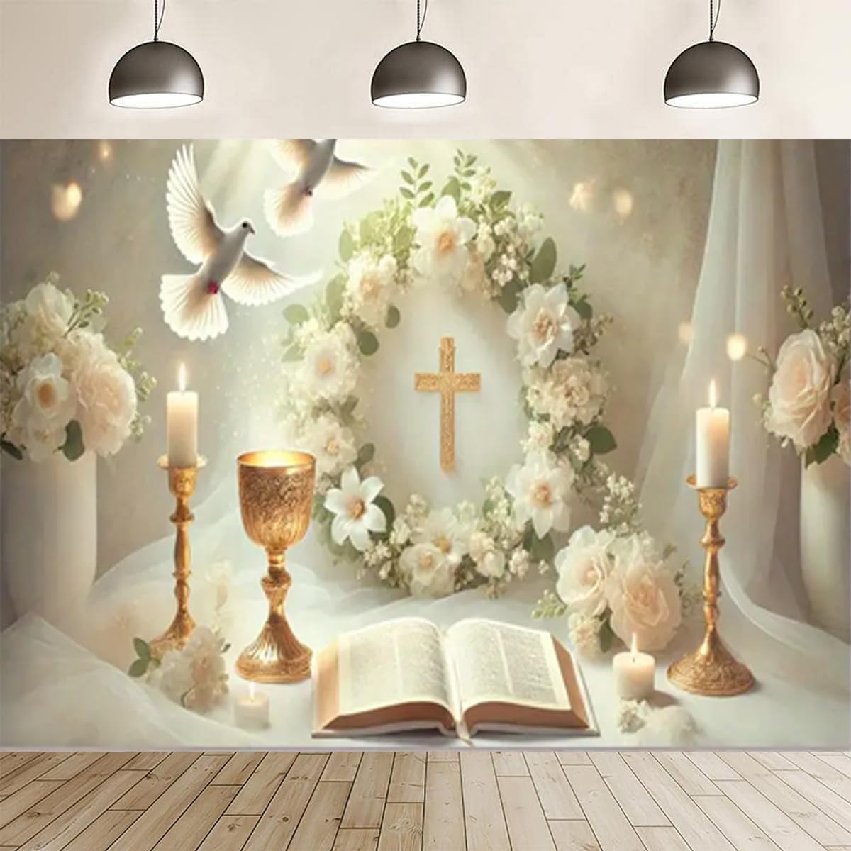 White Flowers Baptism Backdrop for Photoshoot Peace Dove Bible God ...
