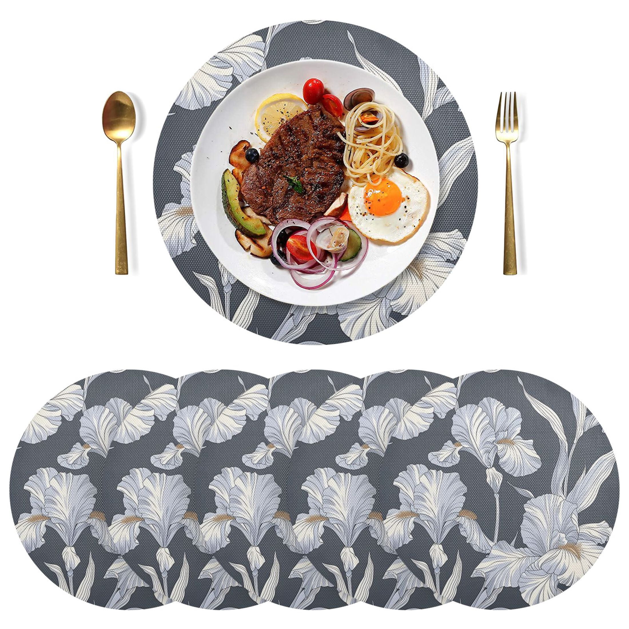 White Flowers Black Round Placemats Plate Mats 15 Inch Non-Slip Heat ...