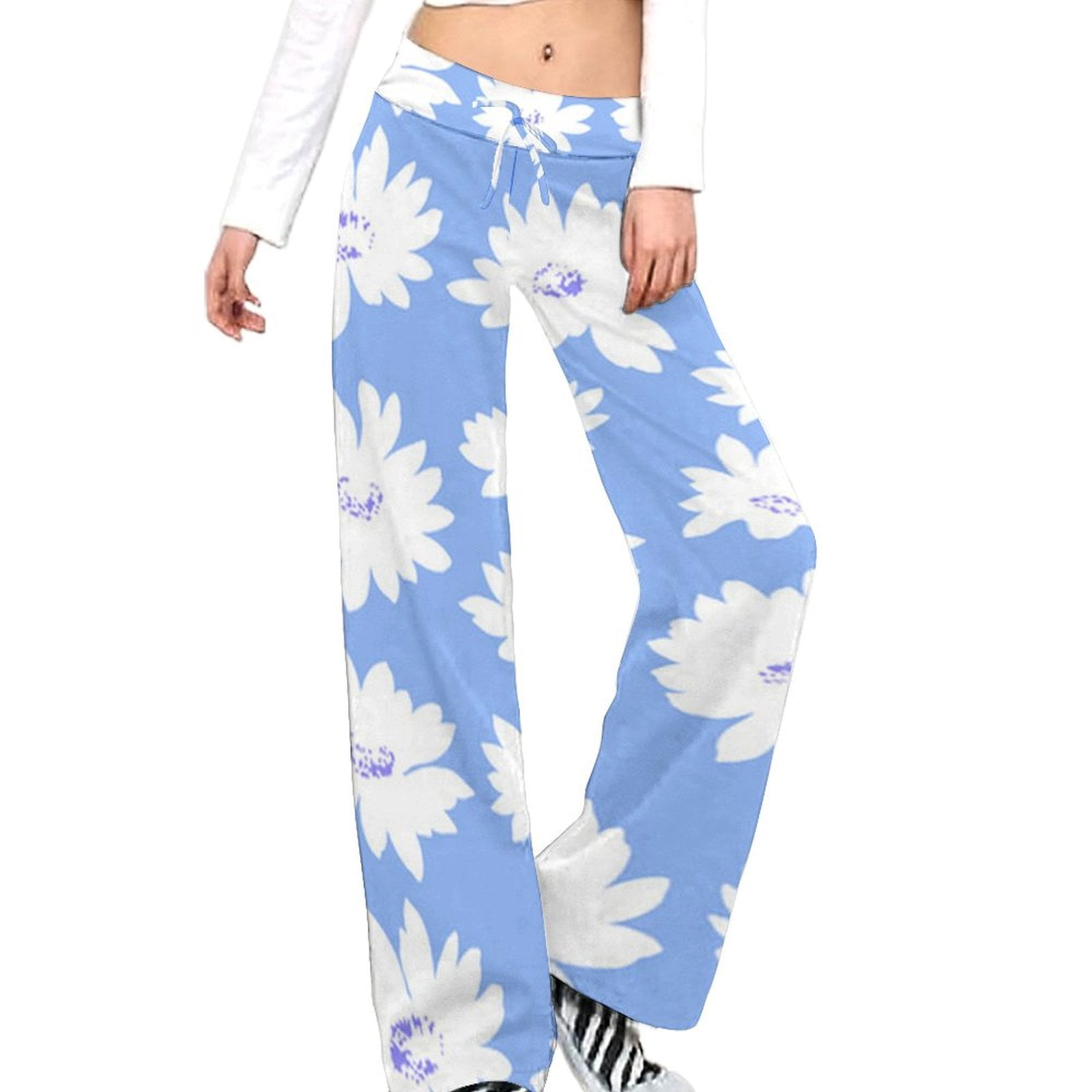 White Flowers Blue Background Design Summer Outfits Flowy Palazzo Pants ...