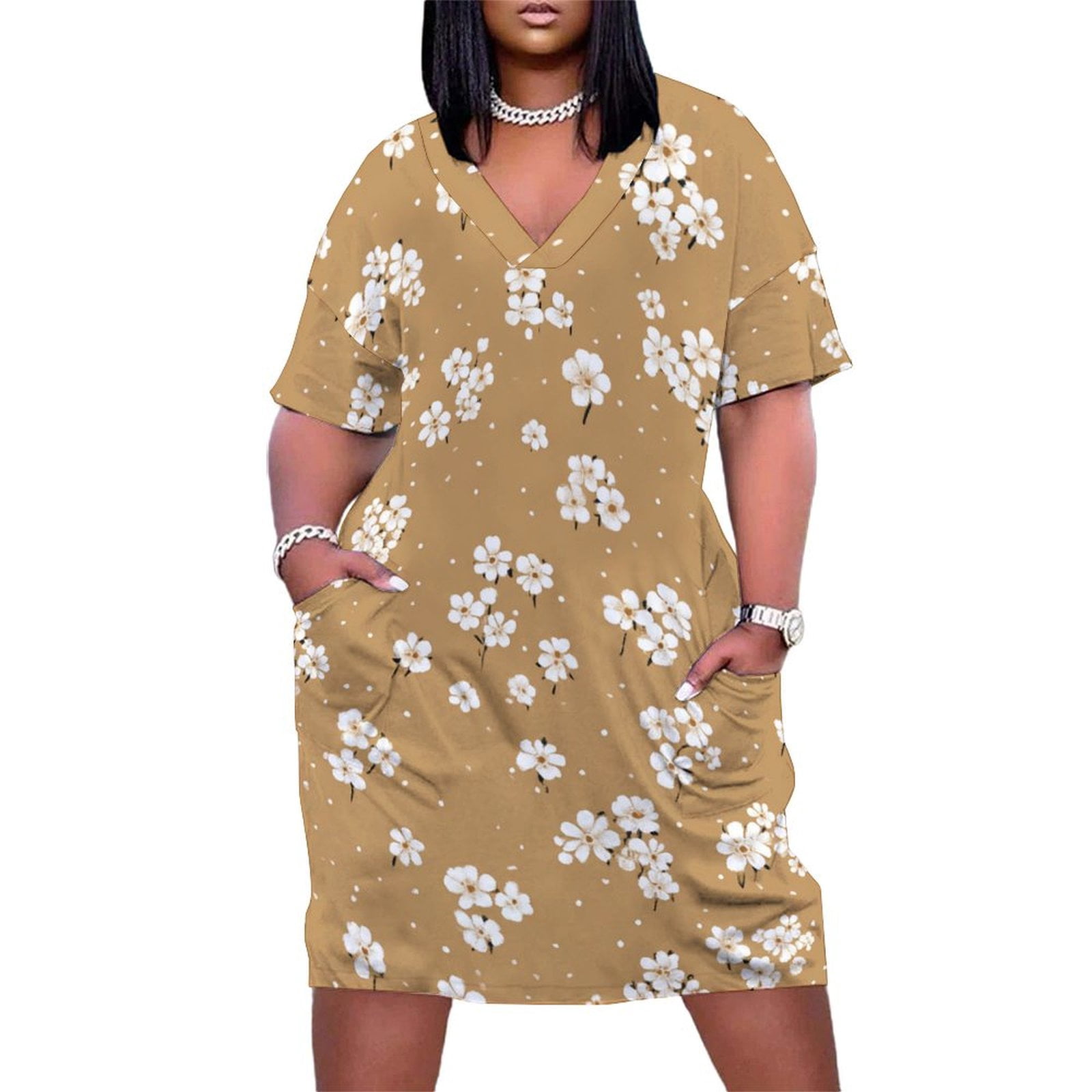 White Flowers Brown Background Seamless Pattern Summer Sundress for ...