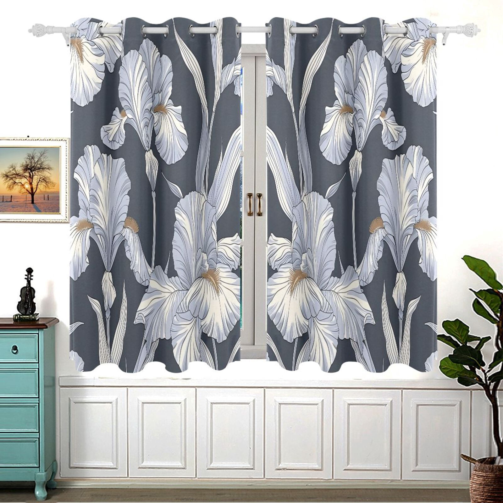 White Flowers Curtain Black Out Thermal Insulation Curtains Aesthetic ...