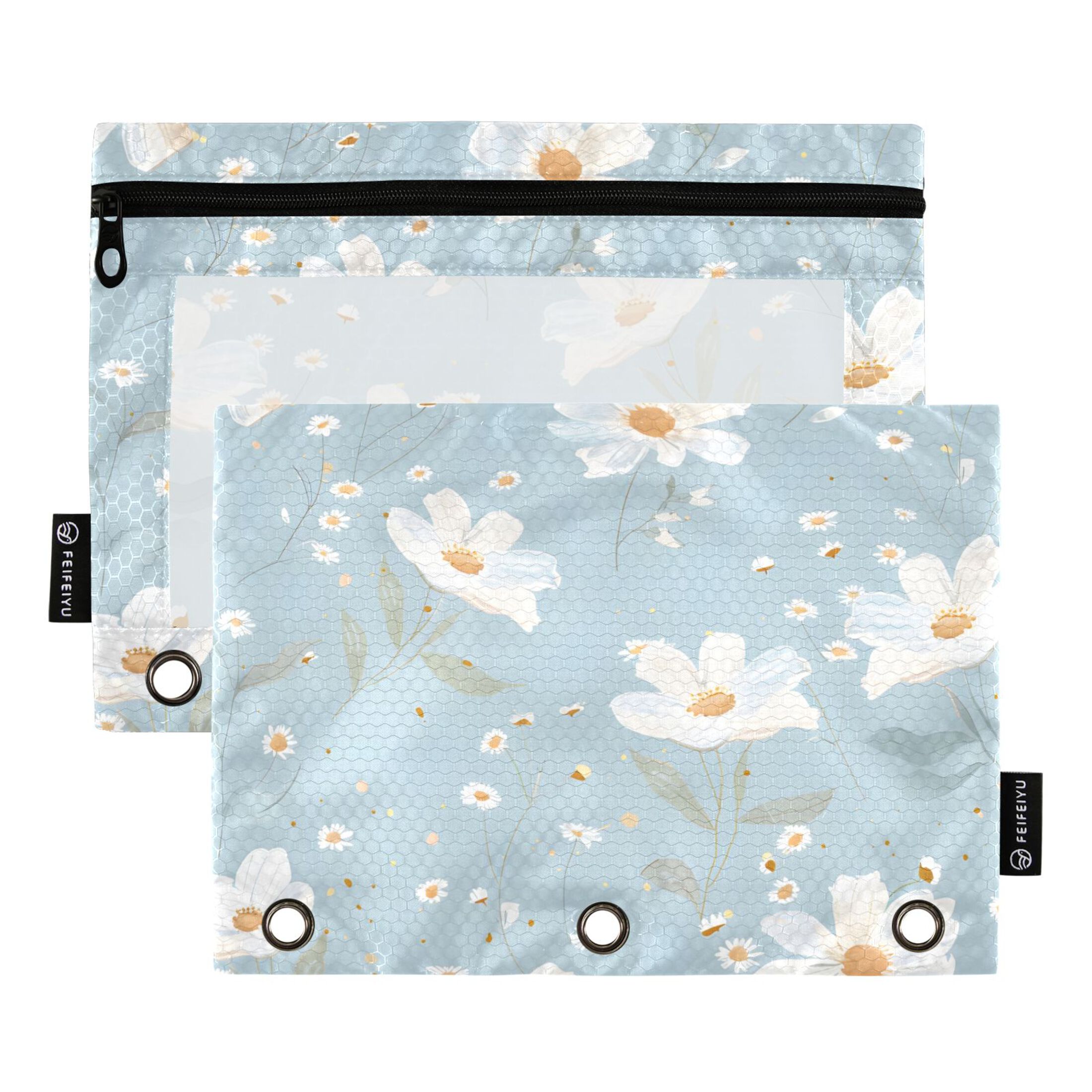 White Flowers Daisies Leaves Oil Painting Binder Pouches Zipper Pocket ...
