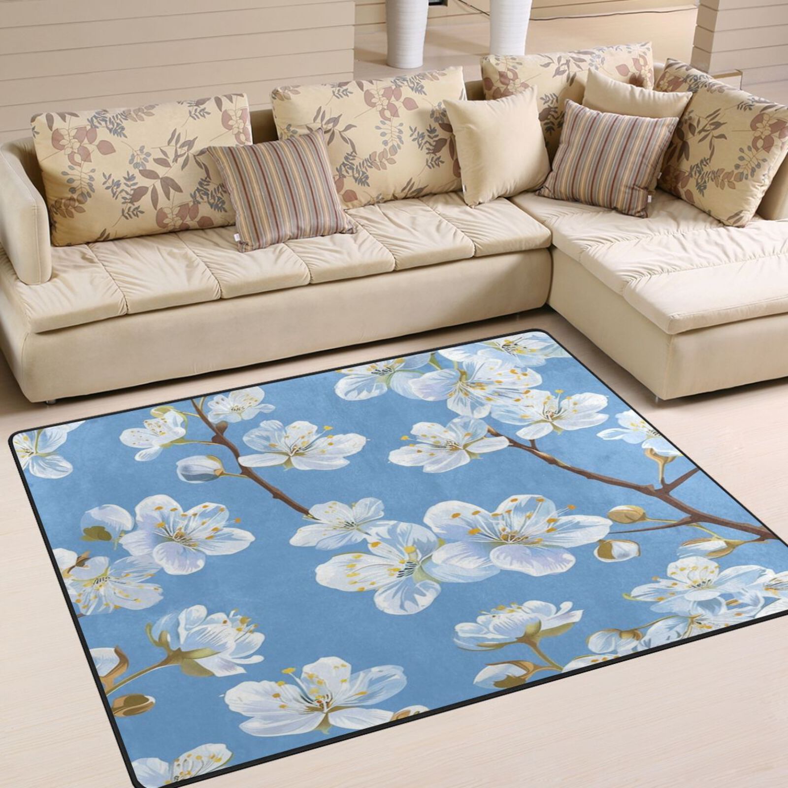 White Flowers Daisy in Blue Area Rug Washable 80 x 58 Floor Carpet Mat ...