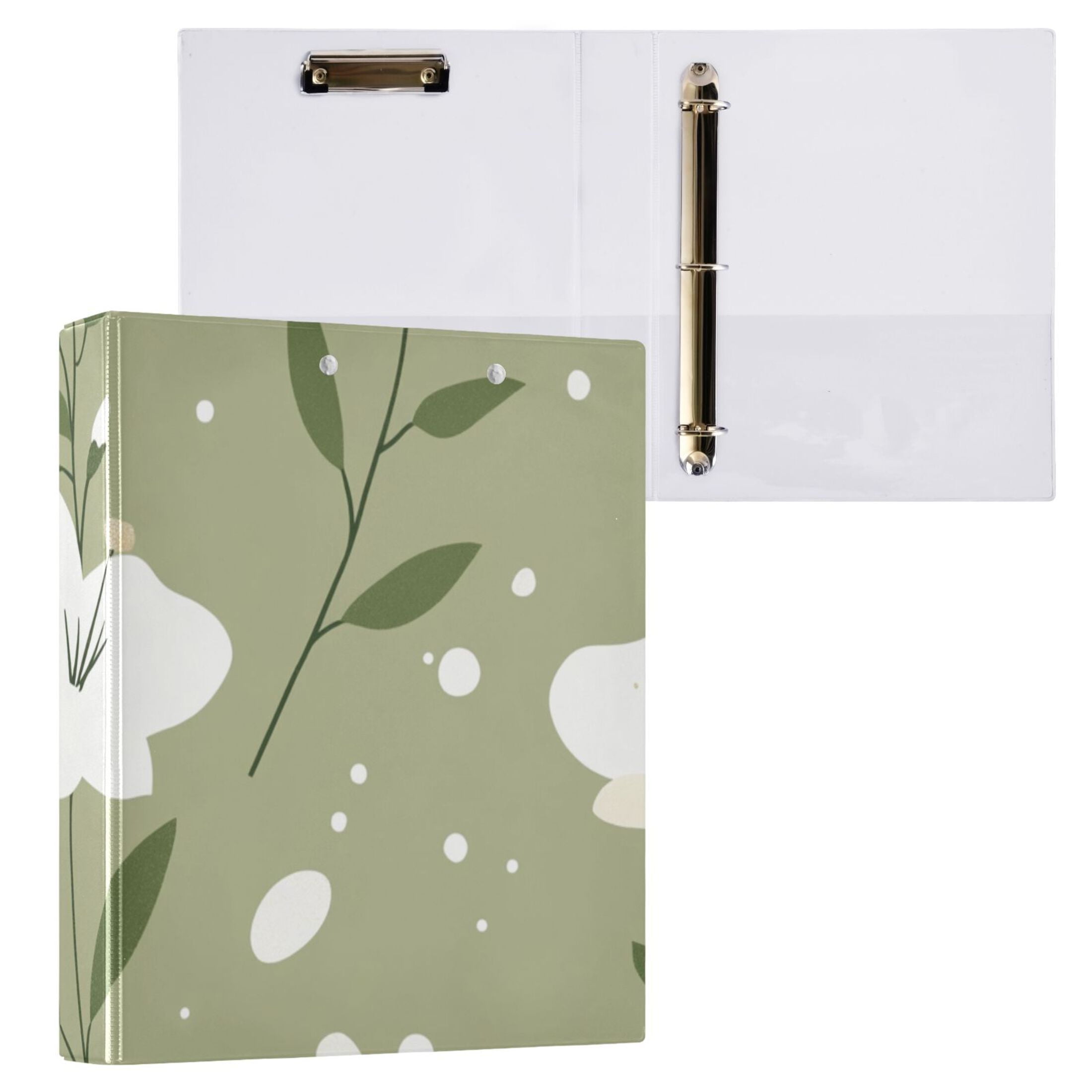 White Flowers Leaves in Green 3 Ring Binders 1.5 inch Hardcover File ...