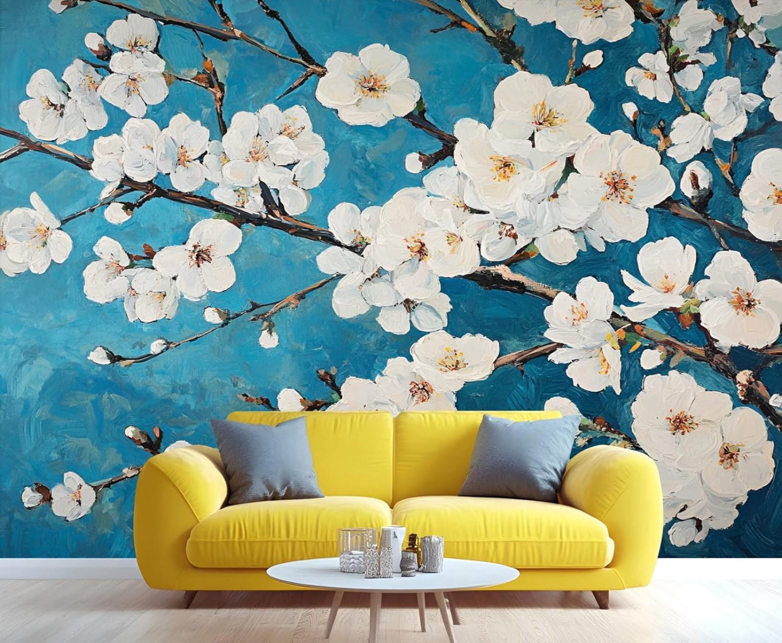 White Flowers Mural Wallpaper - Blue Mural, Classic Large Murals For ...