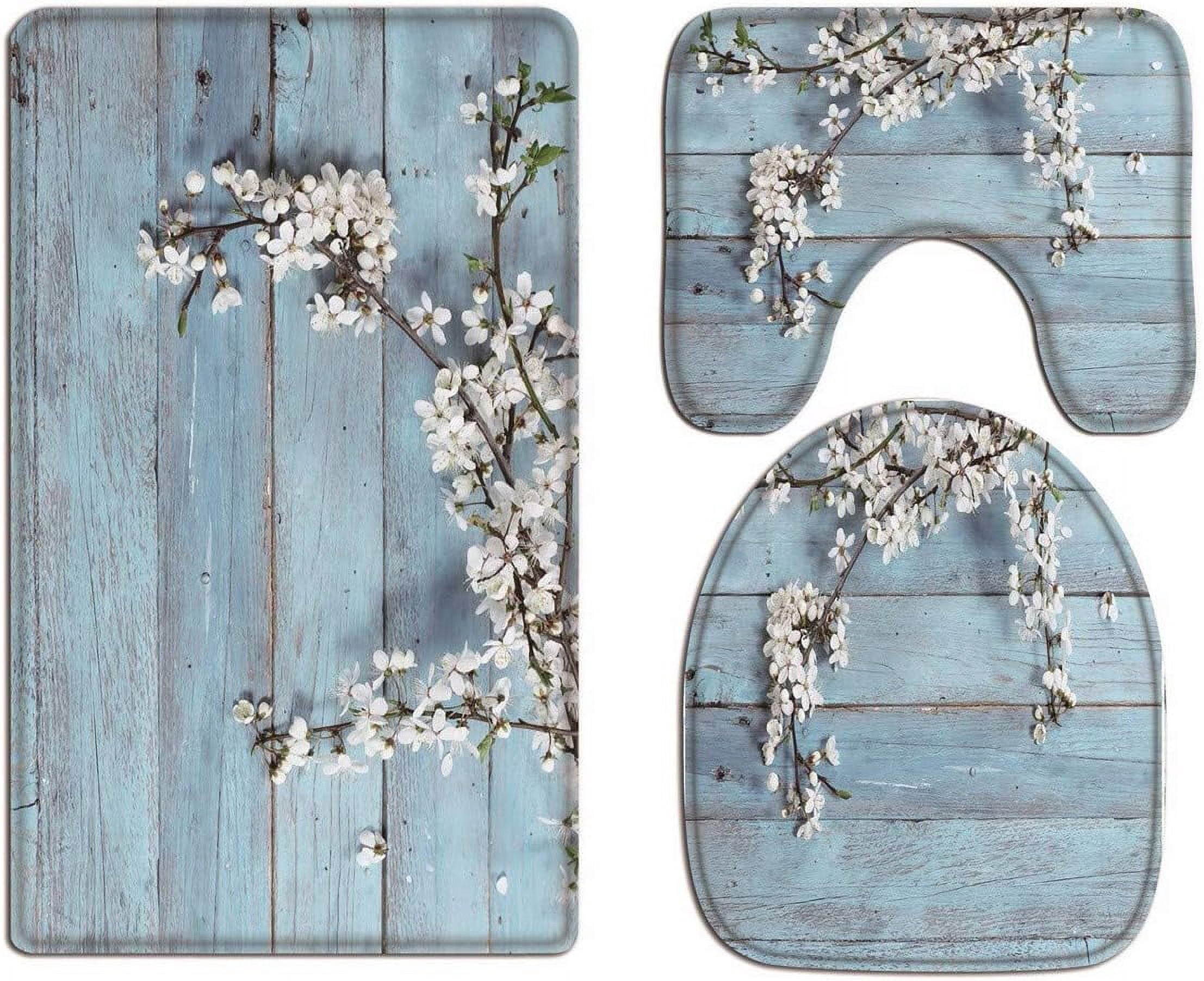 White Flowers On Blue Wooden Planks Floor Wood Texture Print Soft ...