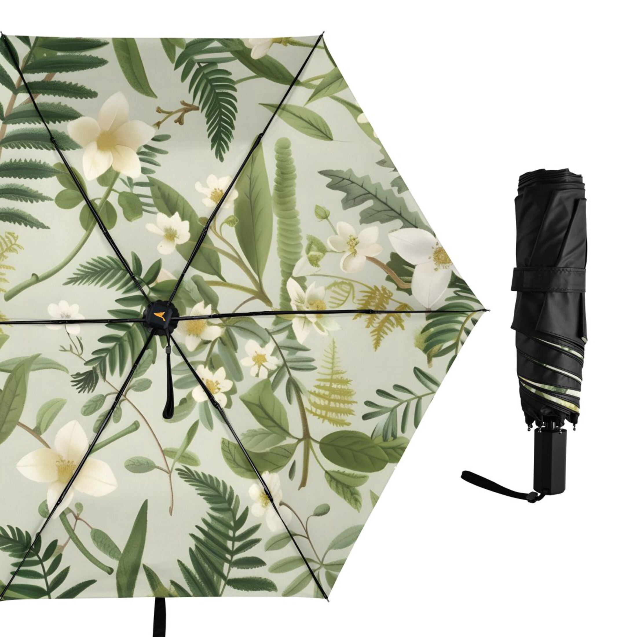 White Flowers Palm Leaves Triple Folding Umbrella Parasol 6 Ribs UV ...