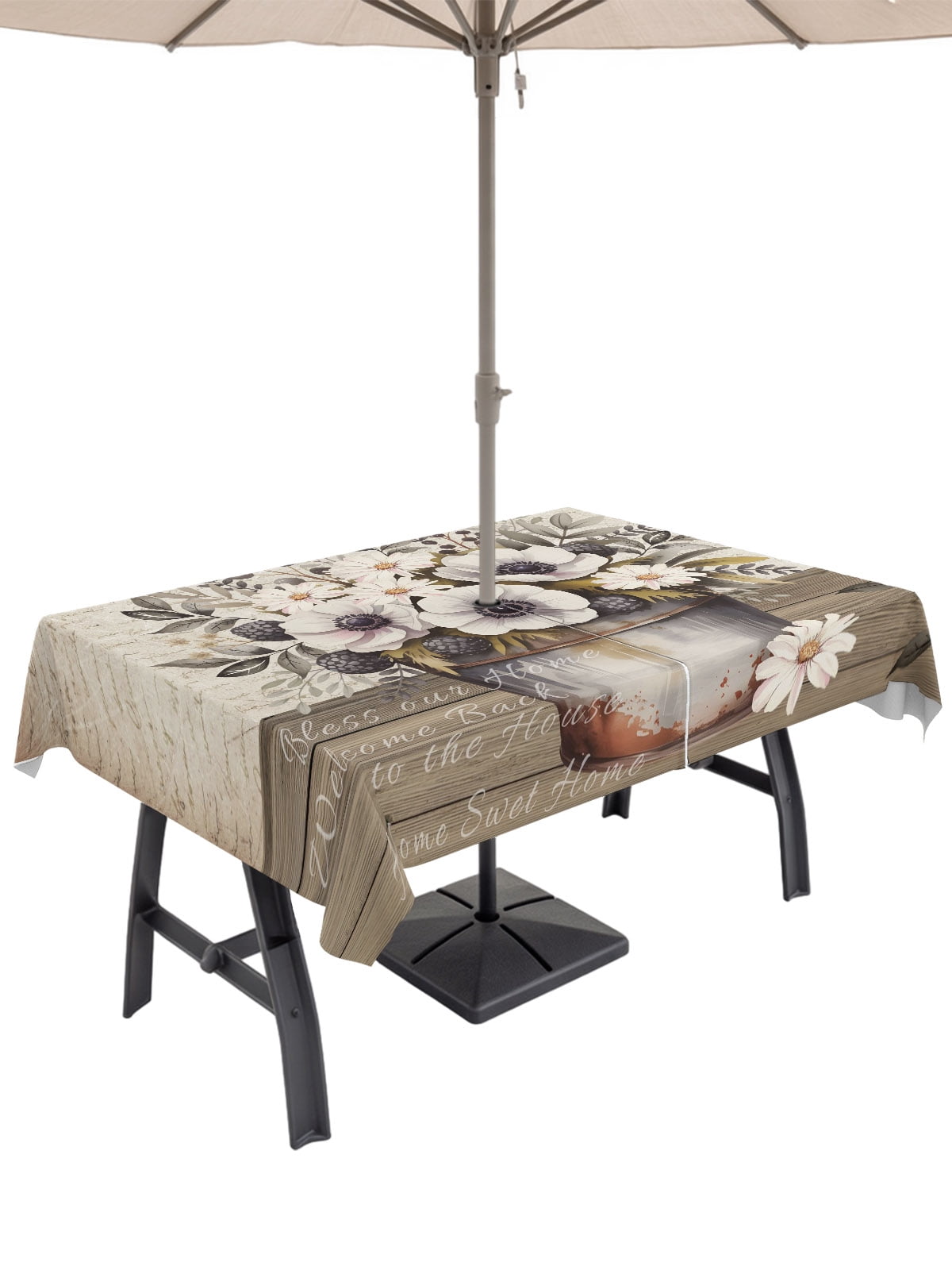 White Flowers Rectangle Outdoor Tablecloth with Umbrella Hole Daisy ...