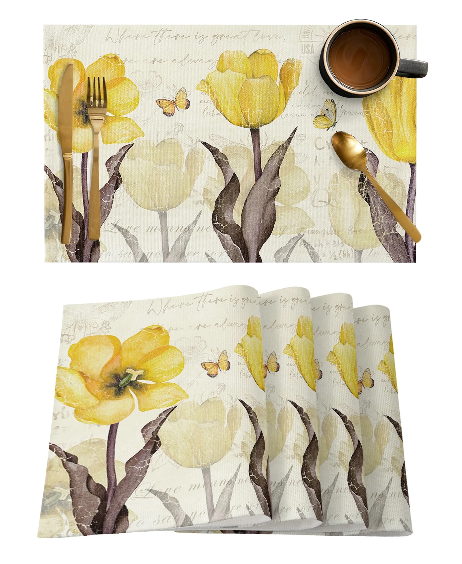 White Flowers Vintage Background Placemat for Dining Table Tableware ...