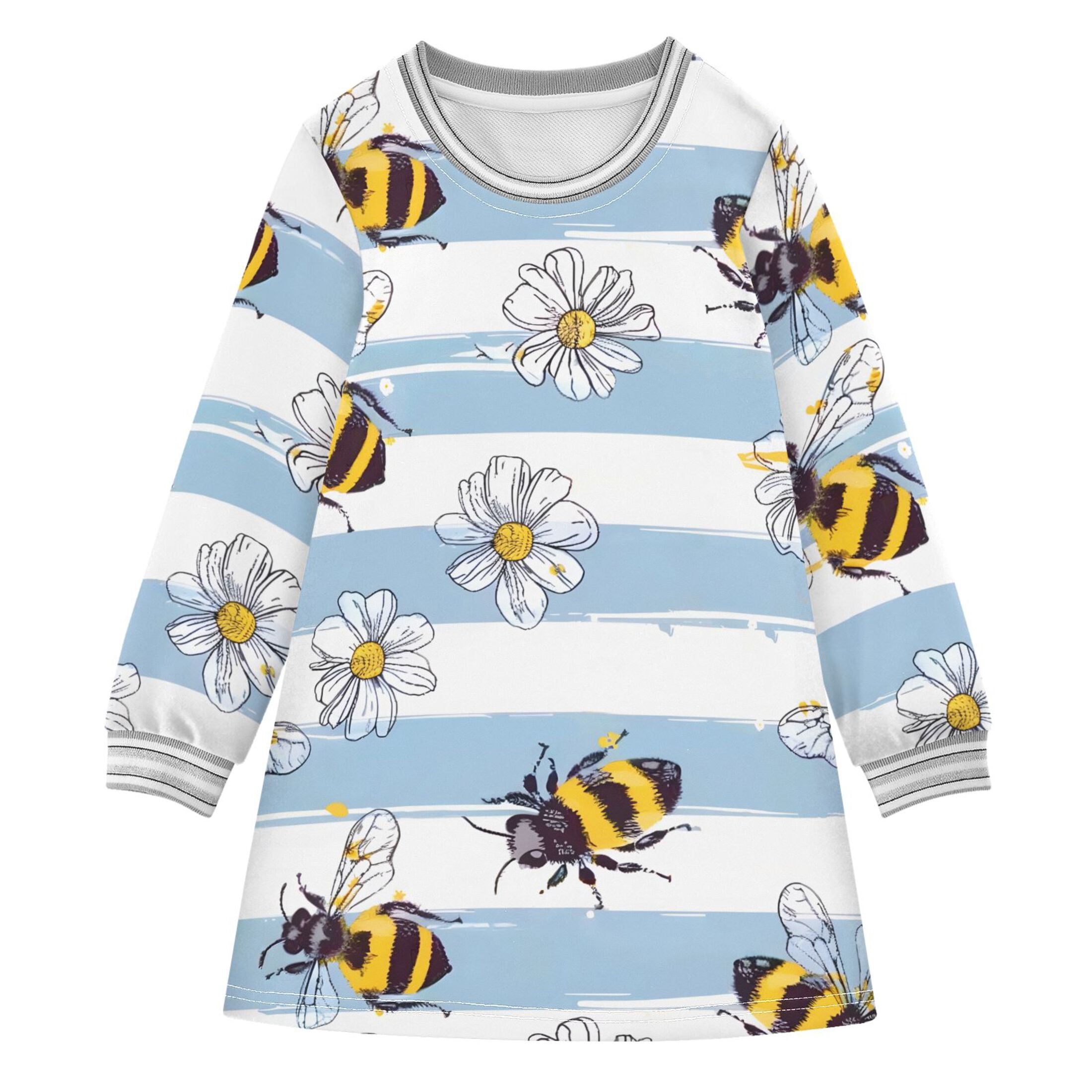 White Flowers and Bees Pattern Girls'long-sleeved dress Thickened A ...