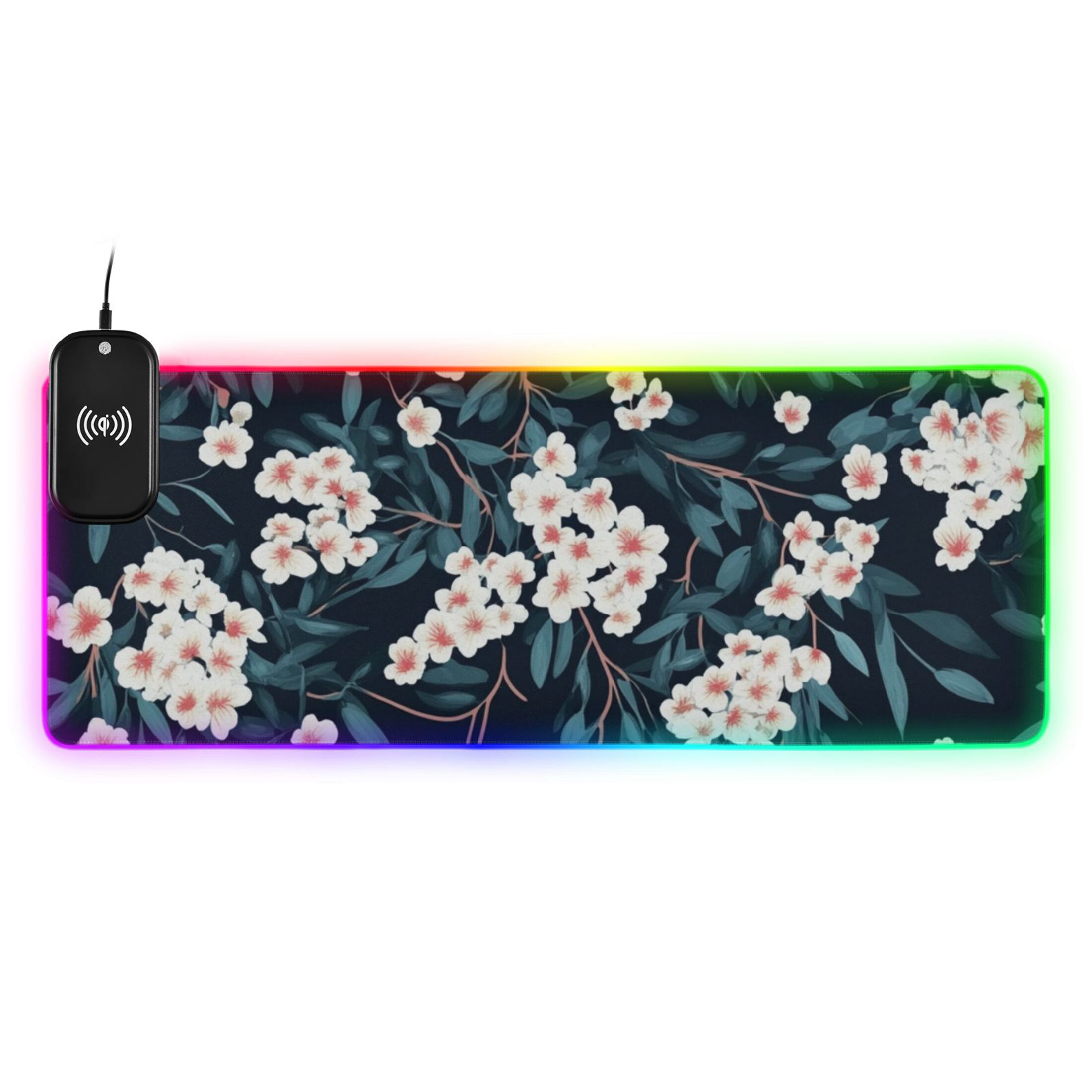 White Flowers and Blue Leaves Wireless Charging RGB Gaming Mouse Pad ...