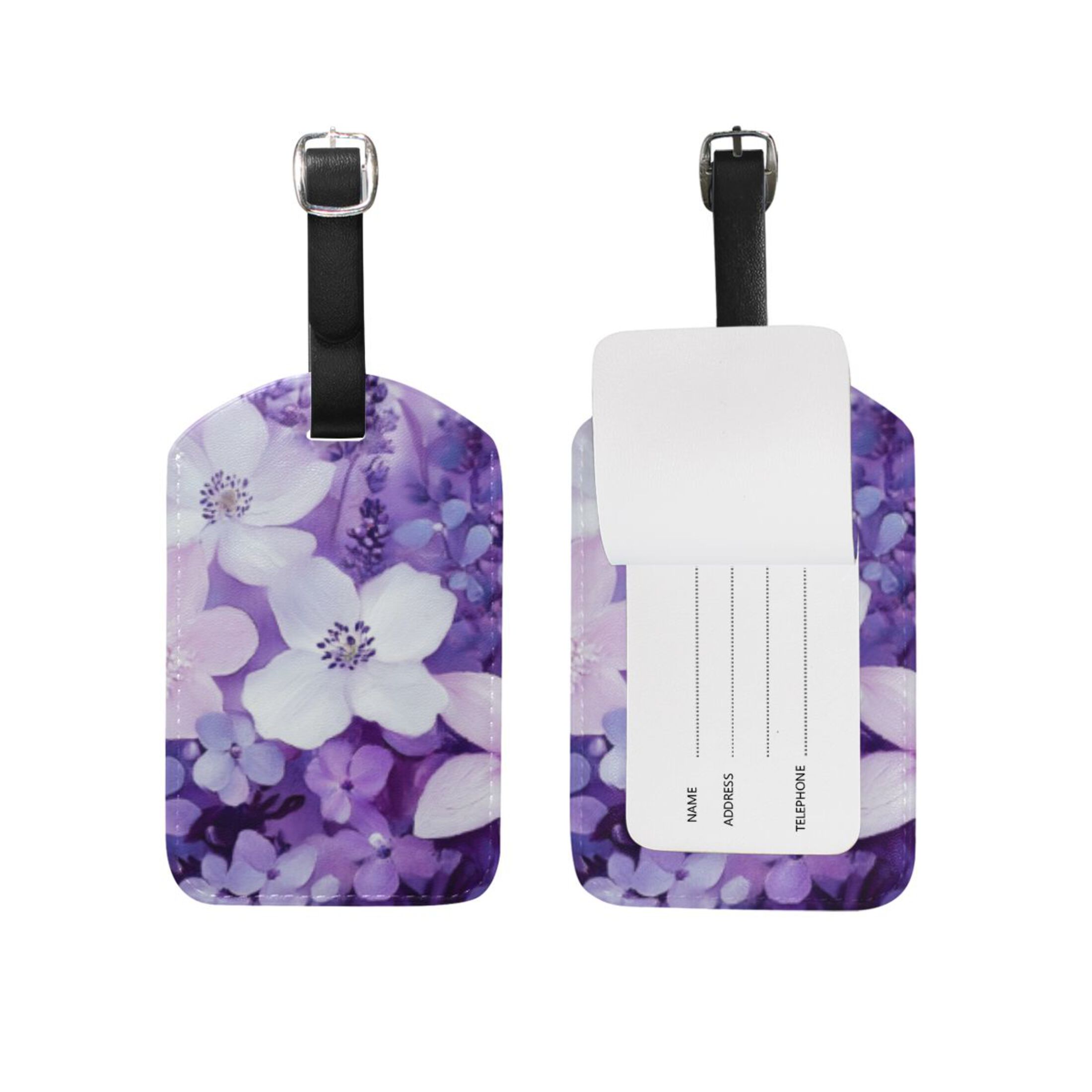White Flowers and Purple Leave Luggage Tags PU Leather Name ID Labels ...