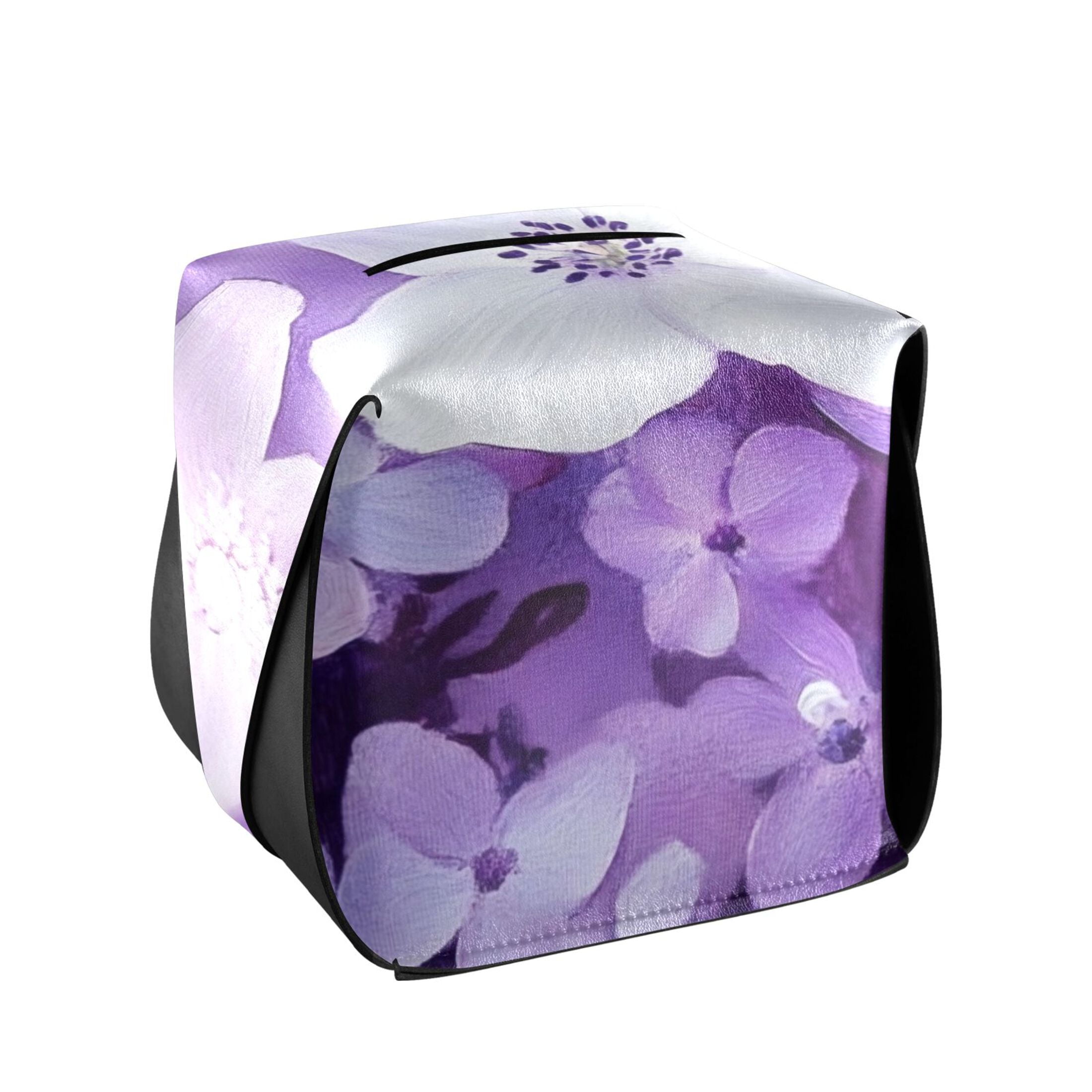 White Flowers and Purple Leave Tissue Box Cover Leather Square ...