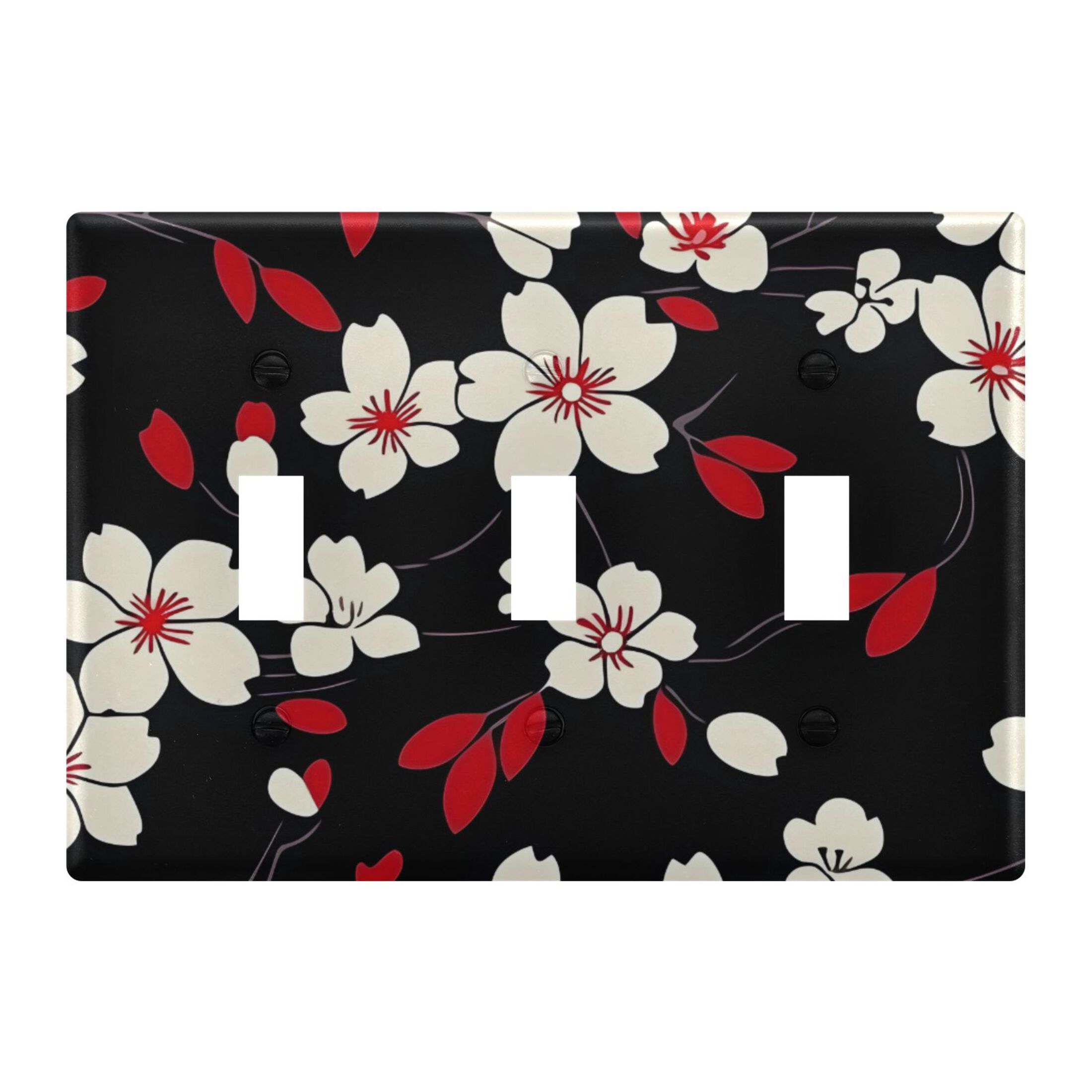 White Flowers and Red Leaves on Black Light Switch Cover Decorative 3 ...