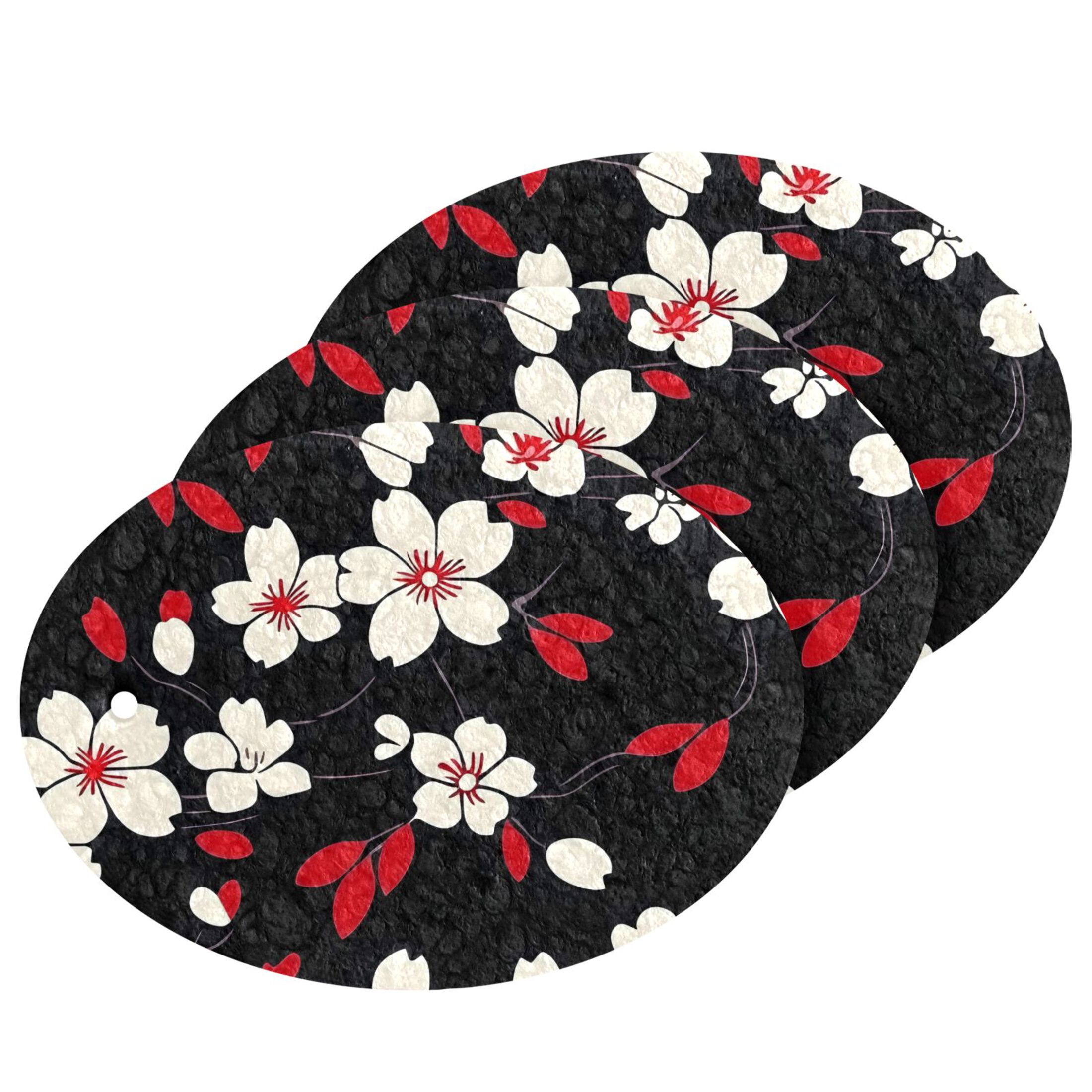 White Flowers and Red Leaves on Black Scrub Sponges for Cleaning ...