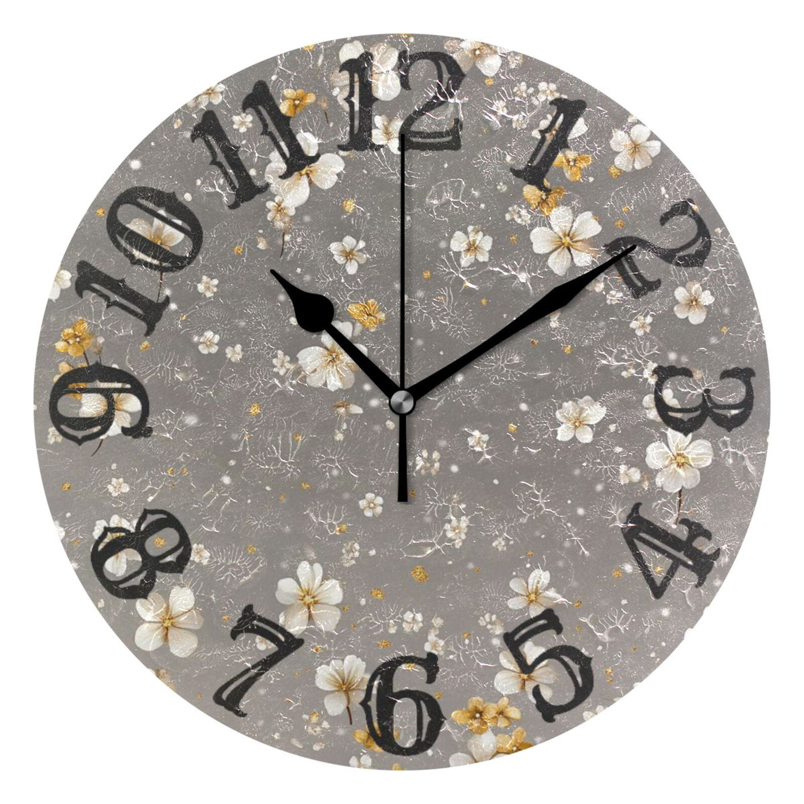White Flowers in Grey Wall Clock 10 inch Non-Ticking Easy to Read ...