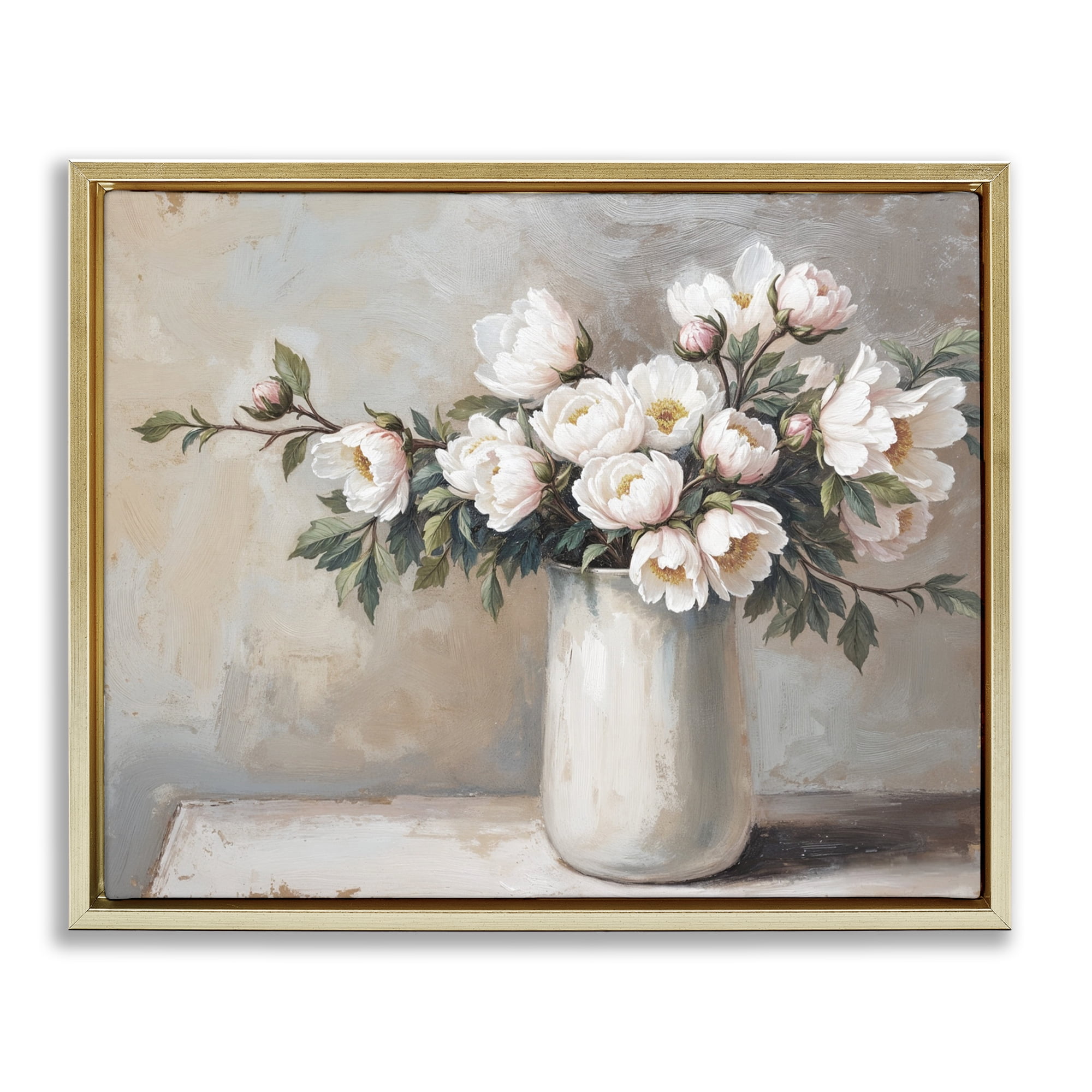 White Flowers in Vase Still Life Gold Framed Floater Canvas Wall Art ...