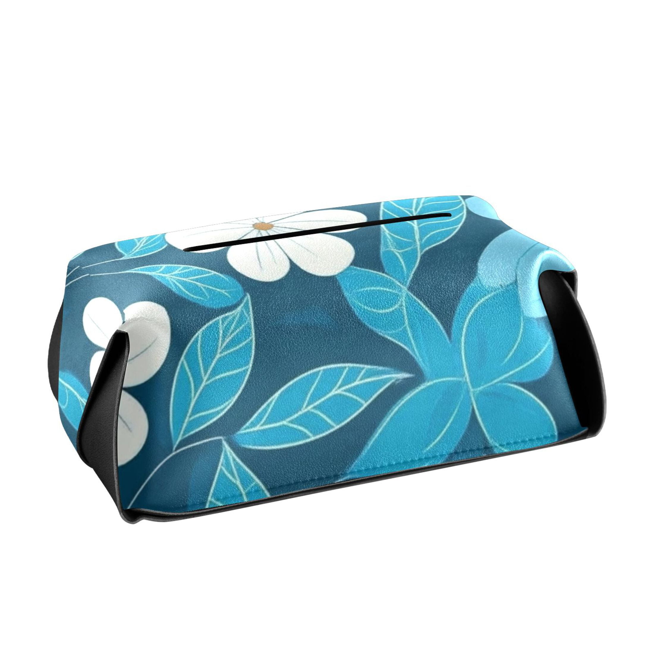 White Flowers on A Blue Tissue Box Cover Leather Square Rectangle ...