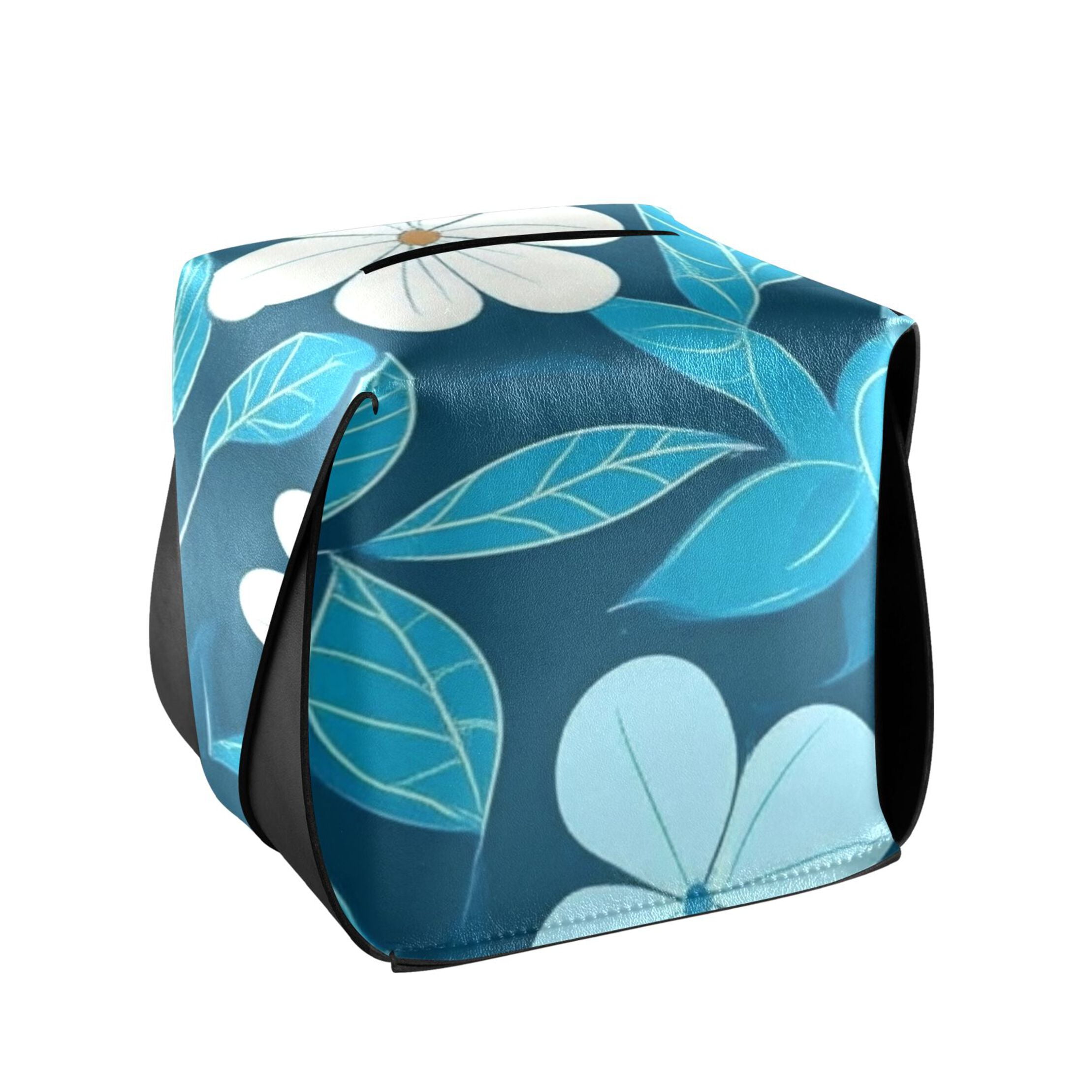 White Flowers on A Blue Tissue Box Cover Leather Square Rectangle ...