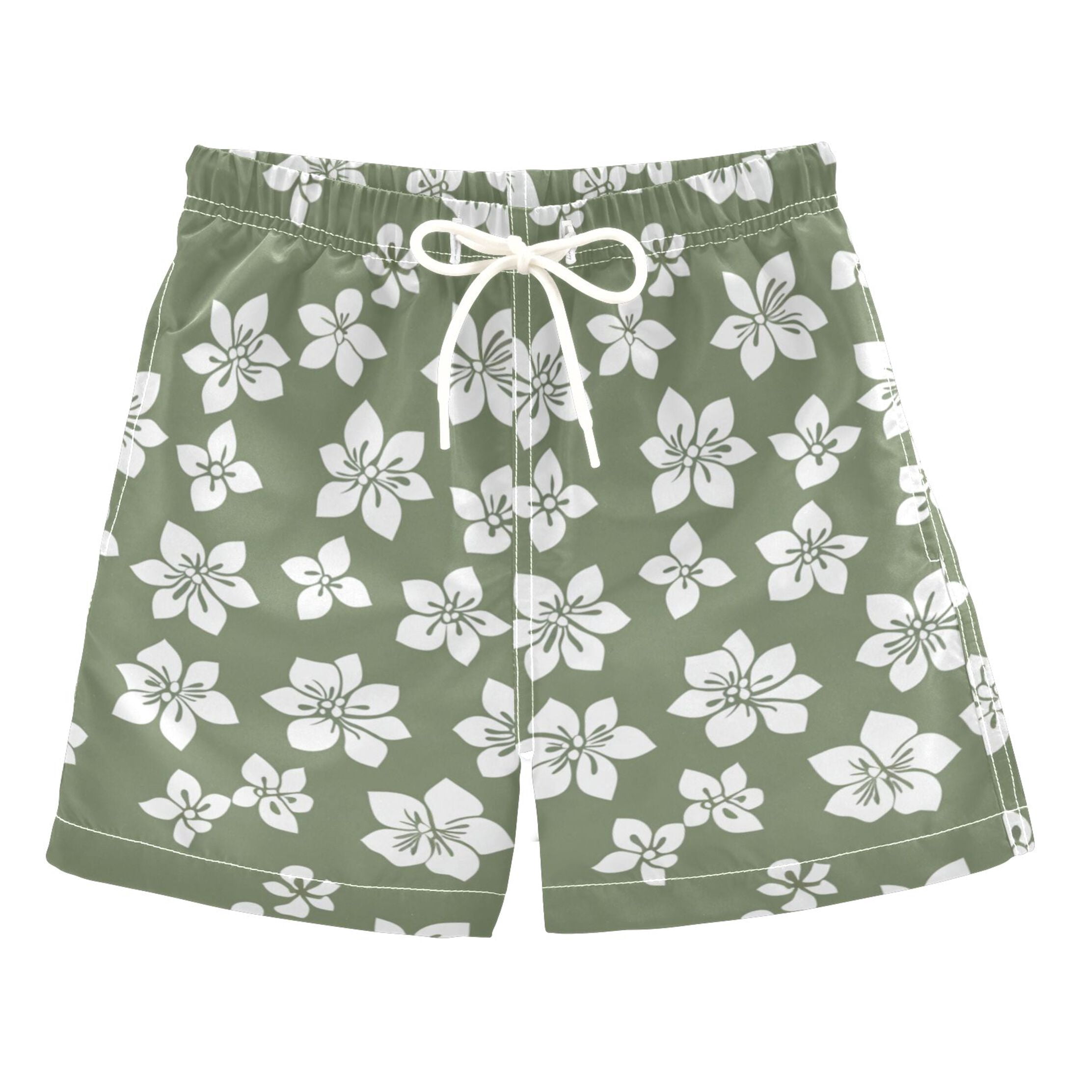 White Flowers on A Green Background Boys Swim Trunks Quick Dry Boy Swim ...