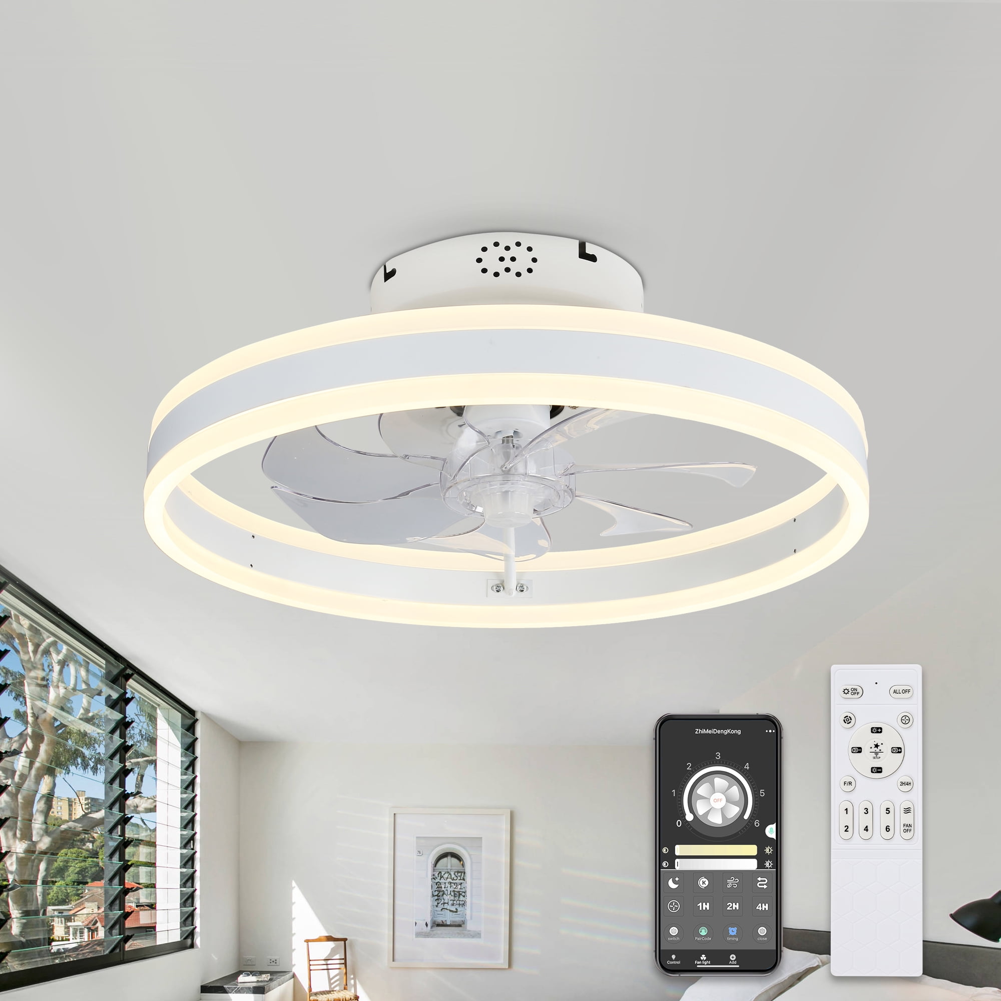 White Flush Mount Ceiling Fan with Reversible Blades, 6-Speed Low ...