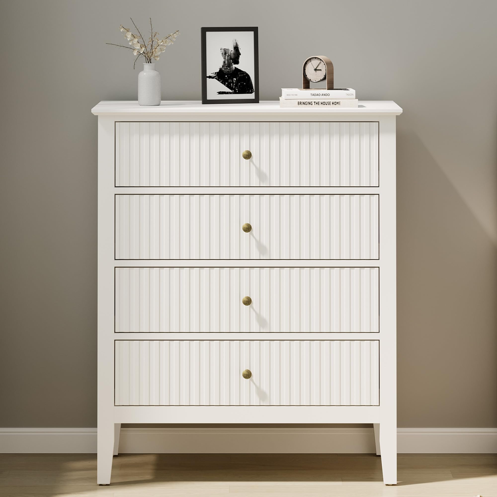 White Fluted 4 Drawer Dresser for Bedroom, Modern Chest of Drawers ...
