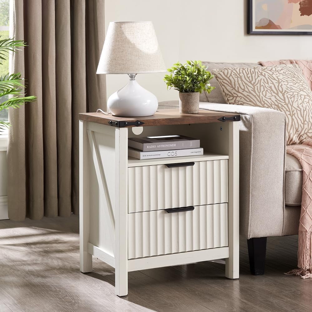 White Fluted Night Stand with Charging Station, 2 Drawers Nightstand w ...
