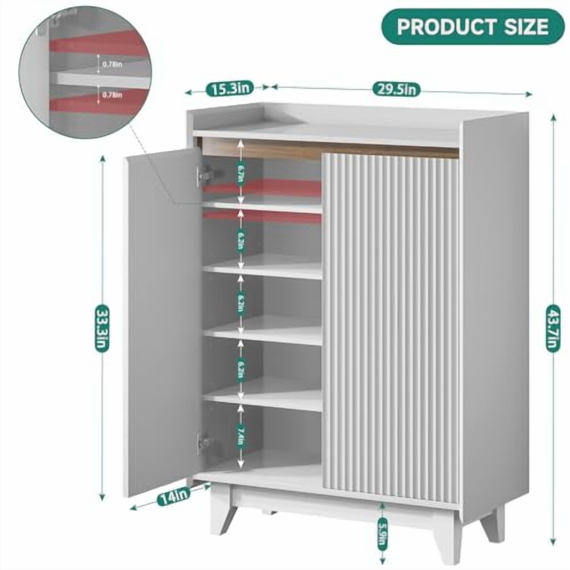 White Fluted Shoe Cabinet, 5-Tier Shoe Storage Cabinet with Adjustable ...