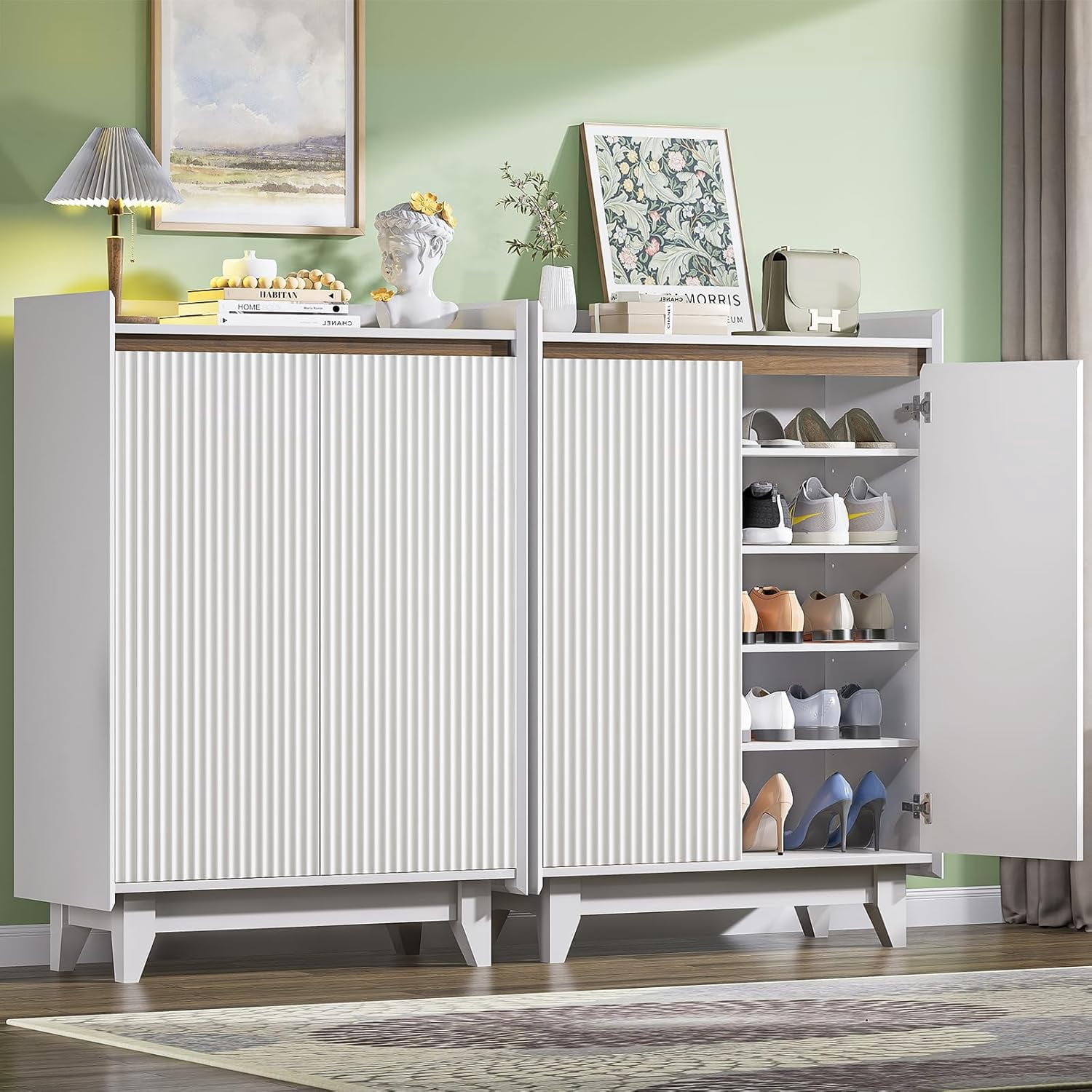 White Fluted Shoe Cabinet with Adjustable Shelves, Shoe Cabinet Storage ...