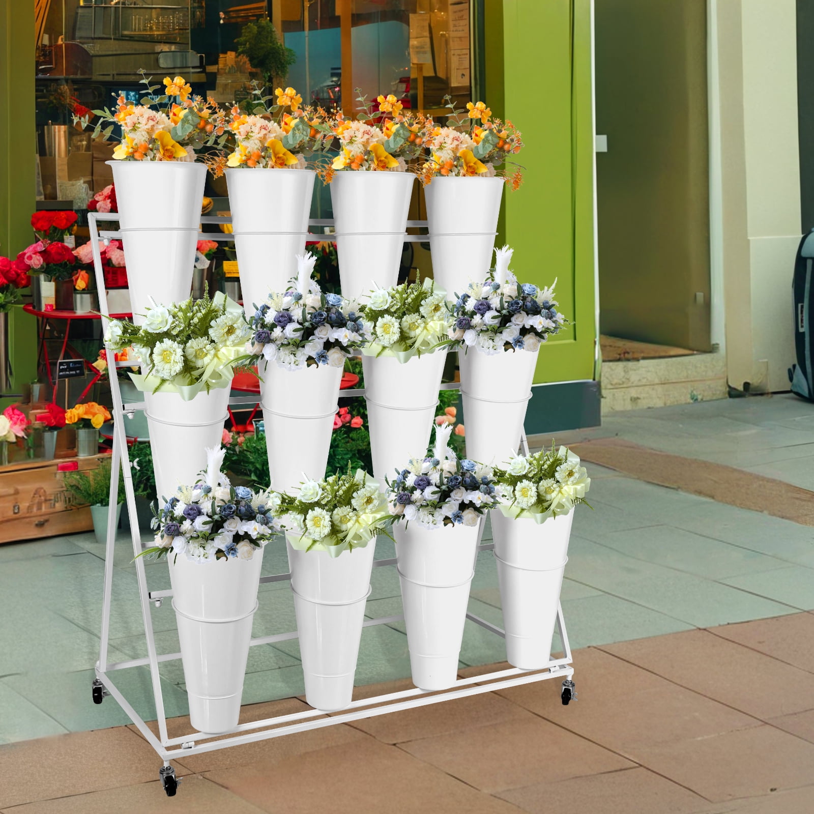 White Foldable Flower Display Stand with 12 Buckets, 3-Tier Metal ...