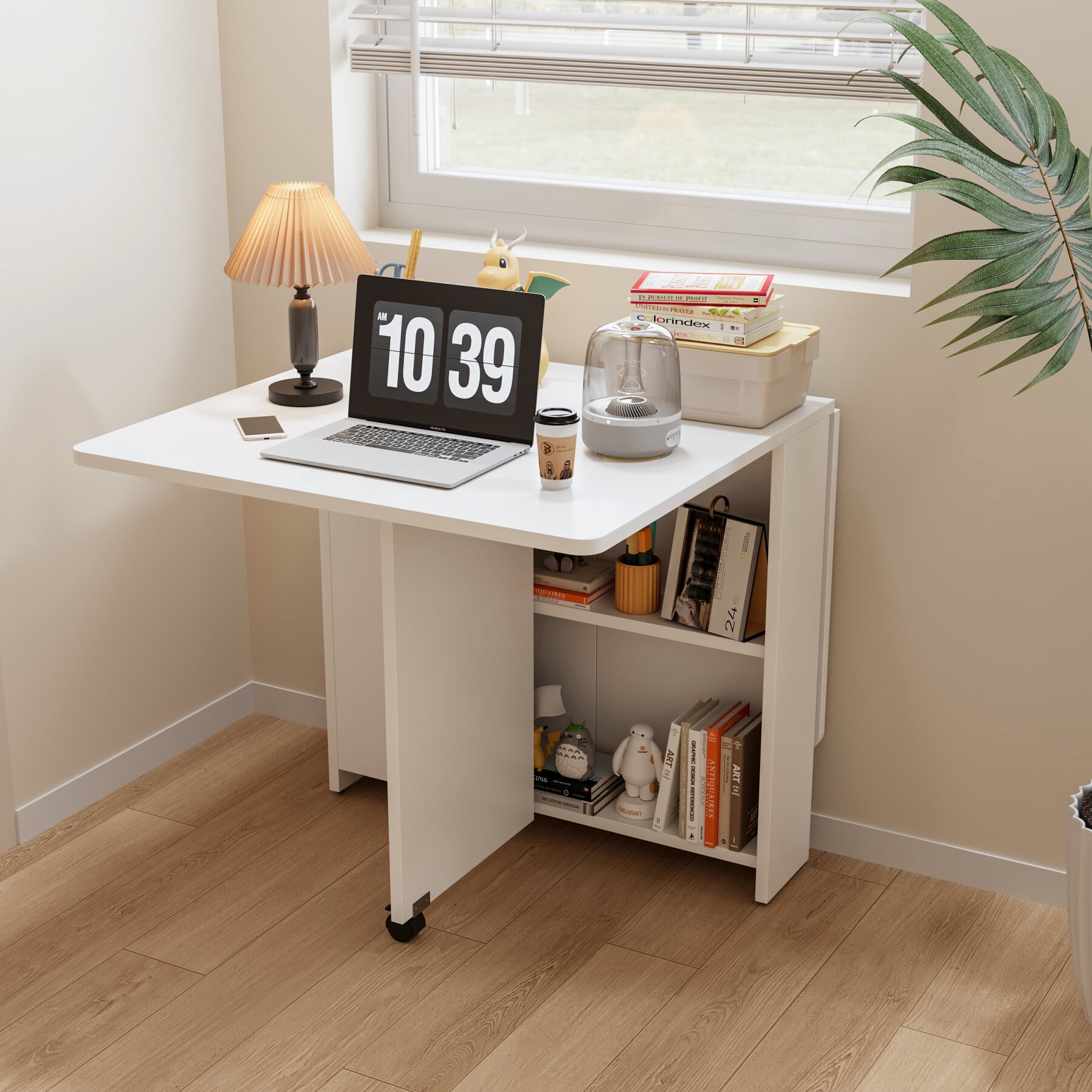 White Foldable Table with Wheels - 51.18 Inch Multi-Purpose Dining ...