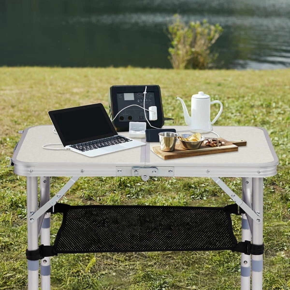 White Folding Camping Table with 3 Adjustable Heights & Mesh Shelf ...