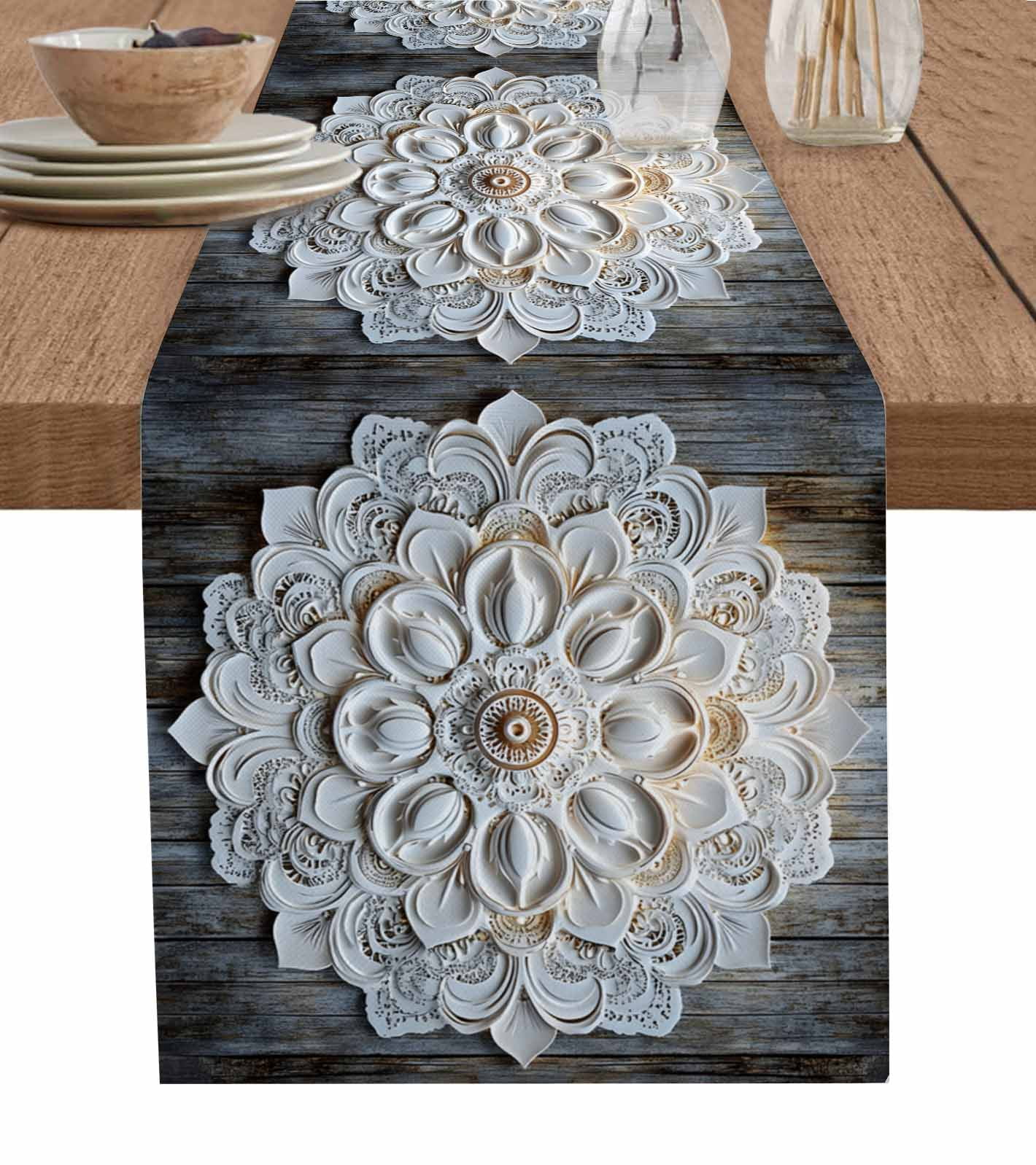 White Foral Table Runner 72 Inches, Modern Abstract Aesthetics Wooden ...