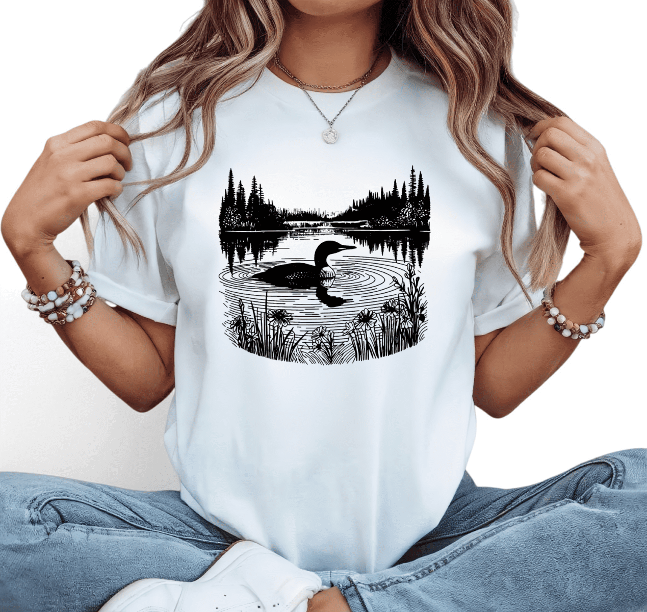 White Forest Lake Duck Print Tshirt Graphic Tees Nature Landscape ...