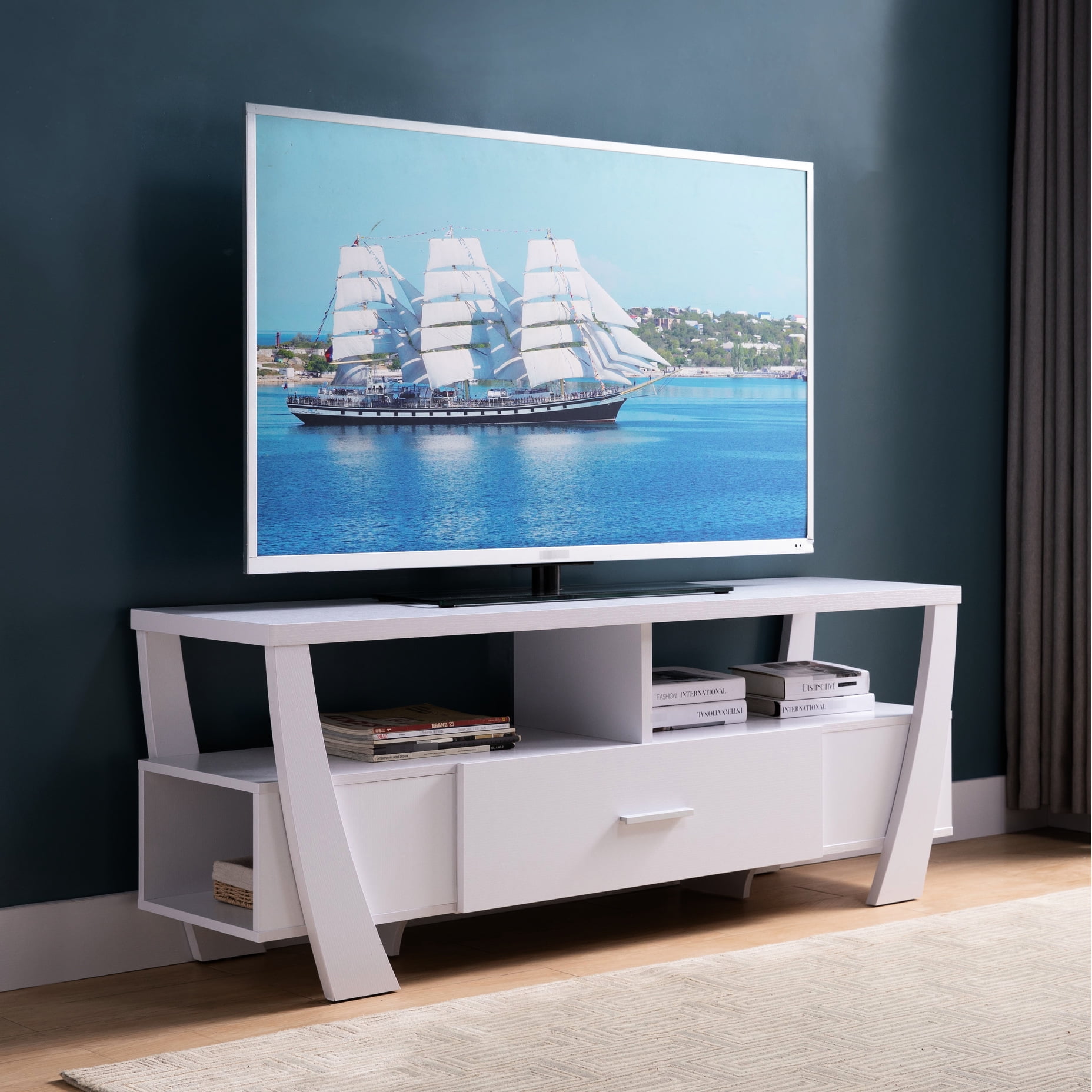 White Four - Shelf Stand+Drawer on Glides”-“Daily Entertainment Use ...