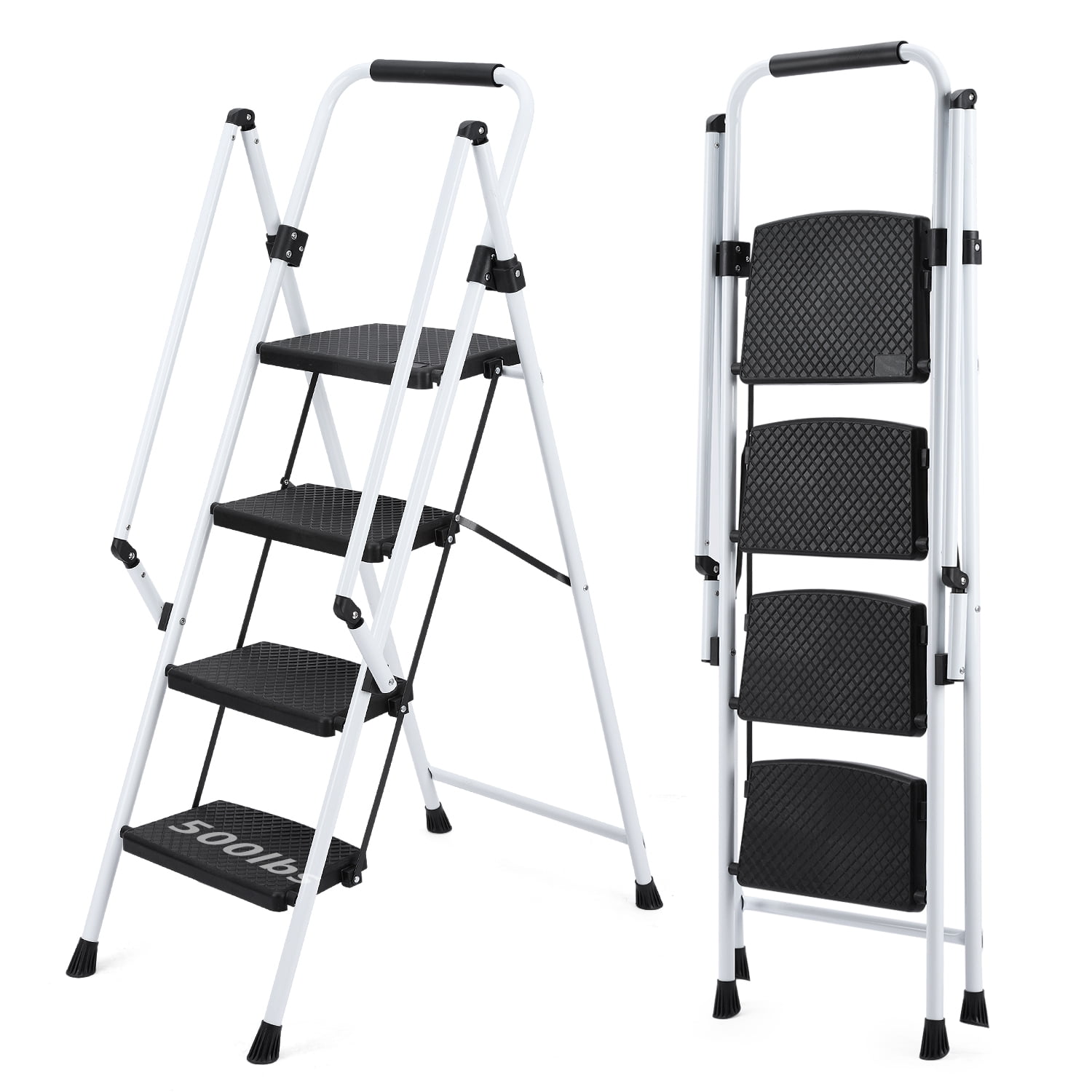 White Four-Step Ladder, Light Folding Four-Step Stool, Wide Anti-Skid ...