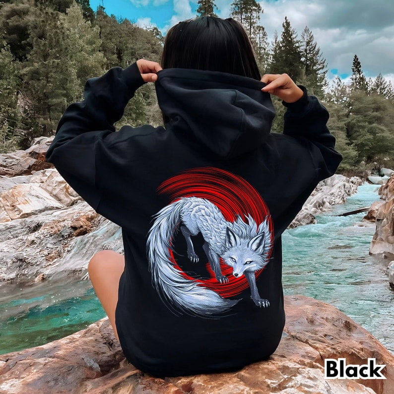 White Fox and Red Circle Hoodie - Japanese Style Fantasy Graphic Hooded ...