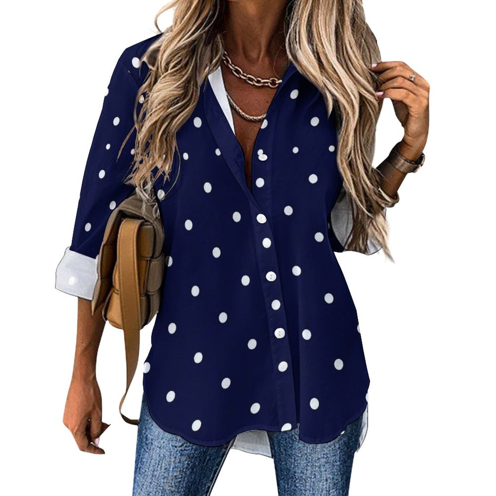 White Free Polka Dots on Navy Blue Background Women's Button Down Long Sleeve Shirts Irregular ...